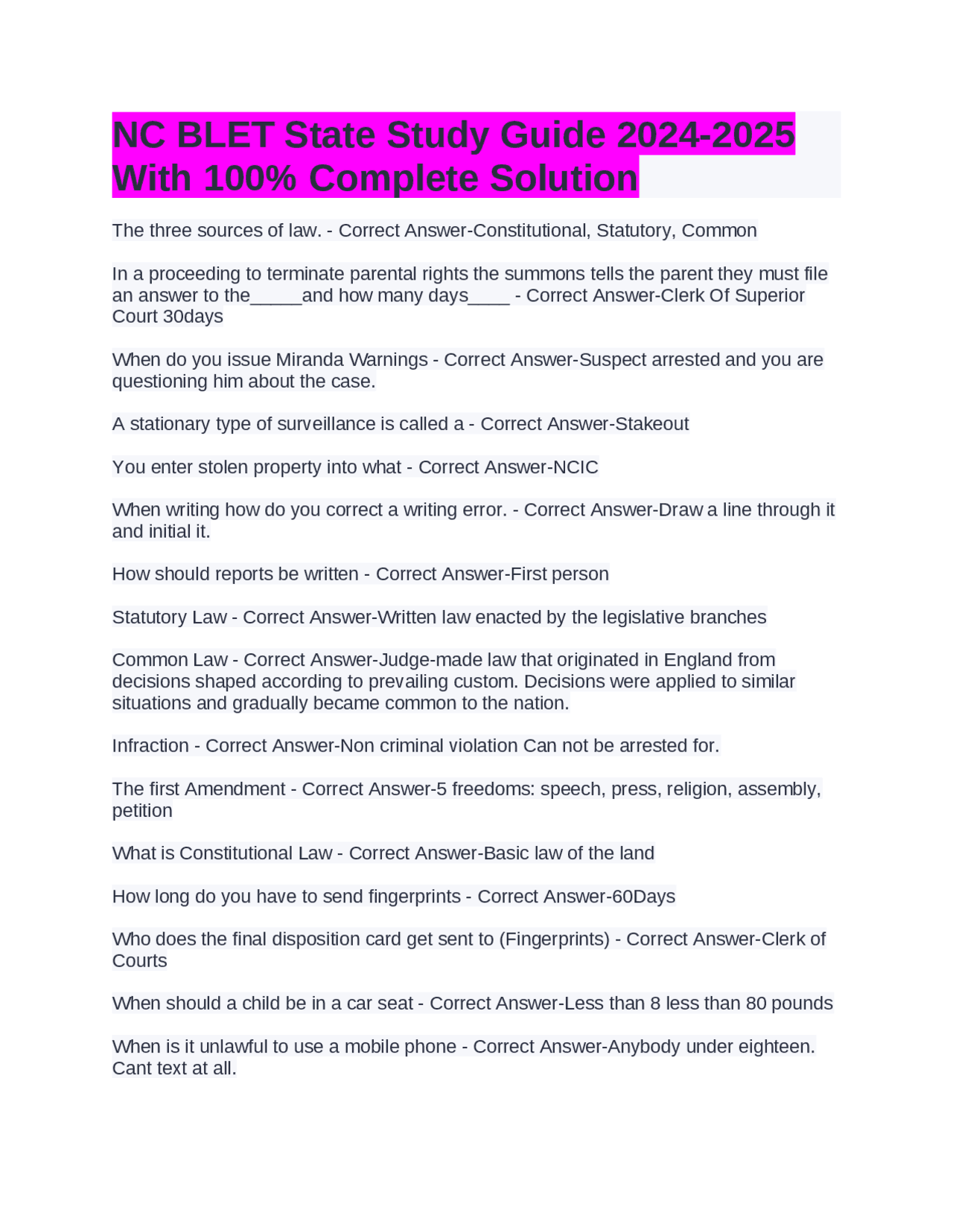 NC BLET State Study Guide 2024-2025 With 100% Complete Solution | Exams ...