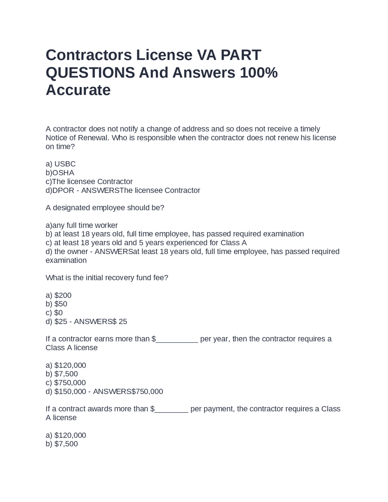 Contractors License VA PART QUESTIONS AND ANSWERS 100% ACCURATE | Exams ...