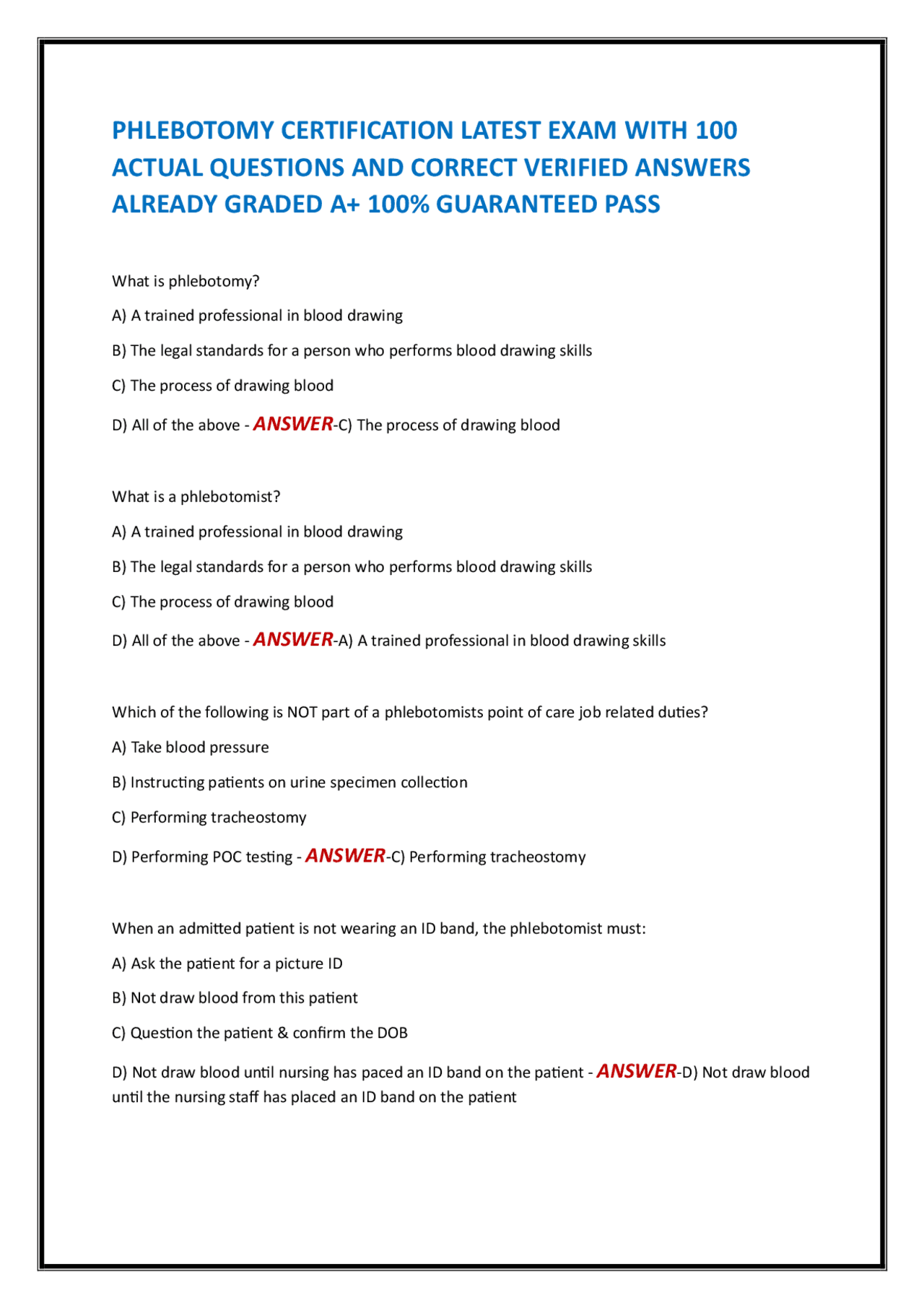 Phlebotomy Certification Exam Questions and Answers | Exams Nursing ...