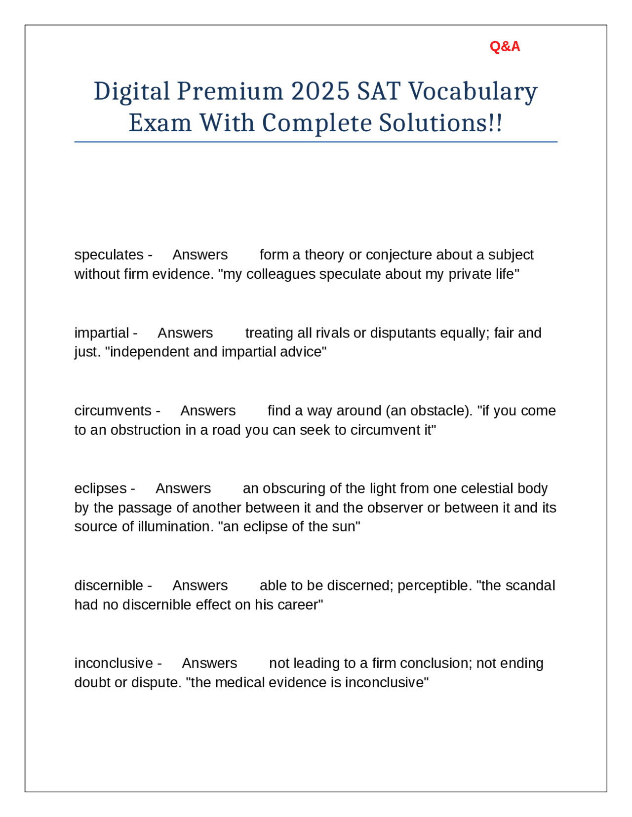 Digital Premium 2025 SAT Vocabulary Exam With Complete Solutions ...