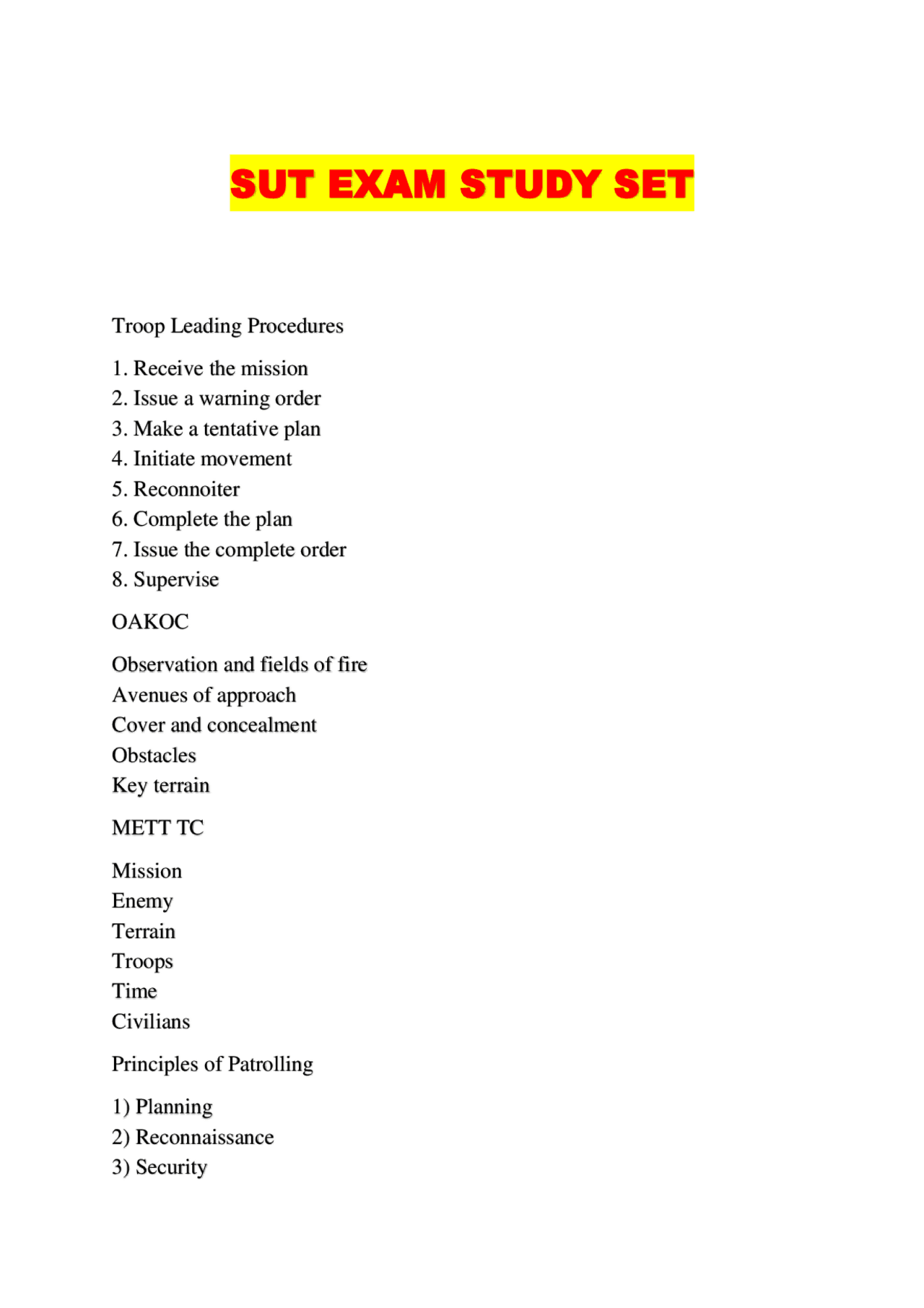 SUT EXAM STUDY SET: Troop Leading Procedures, Recon, Ambush, and More ...