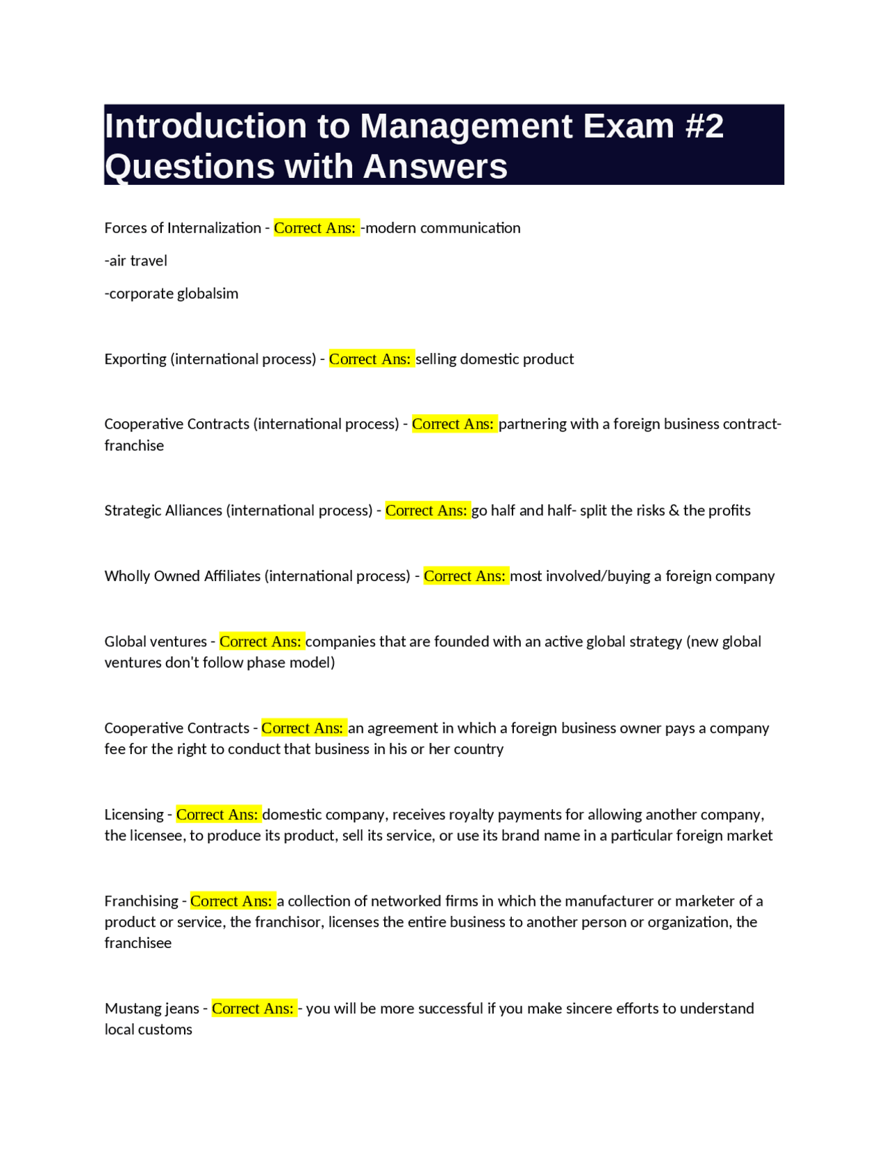 Introduction to Management Exam #2: Questions and Answers | Exams ...
