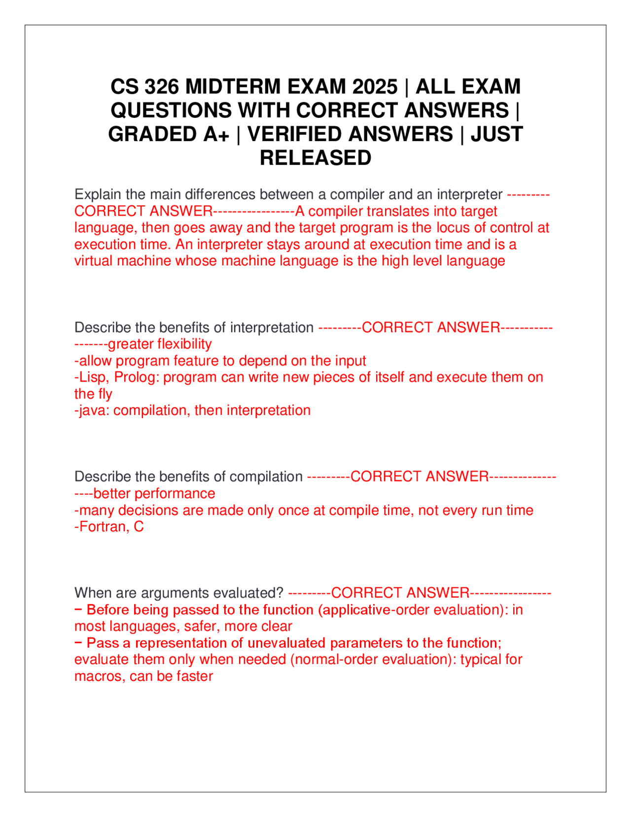 CS 326 MIDTERM EXAM 2025 | ALL EXAM QUESTIONS WITH CORRECT ANSWERS | GRADED A+ | VERIFIED ...