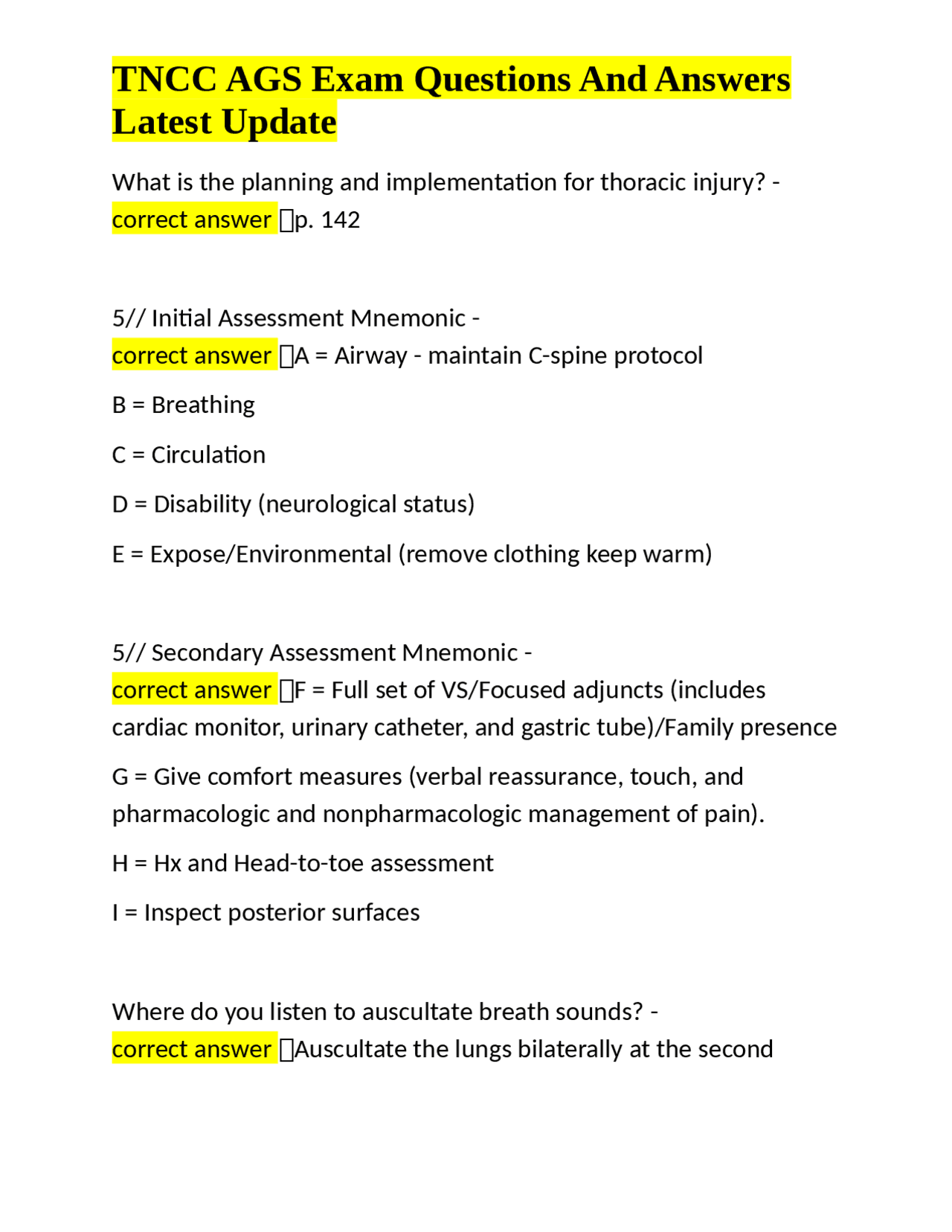 TNCC AGS Exam Questions and Answers: A Comprehensive Guide to Trauma ...