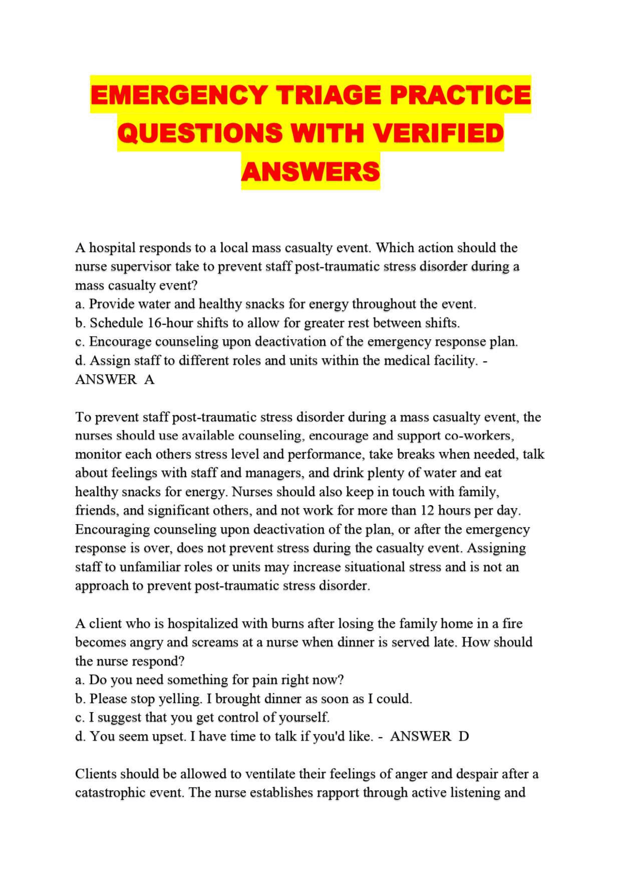 EMERGENCY TRIAGE PRACTICE QUESTIONS WITH VERIFIED ANSWERS | Exams ...