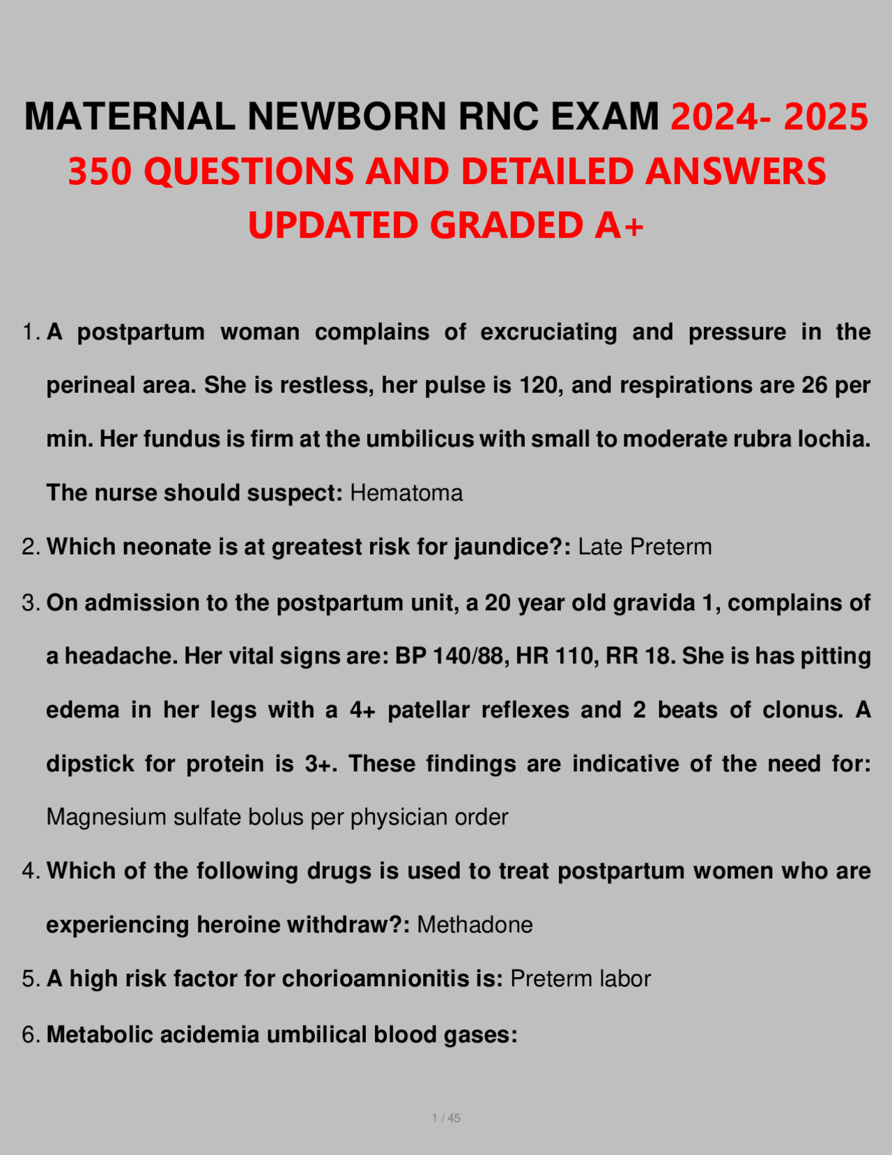 Maternal Newborn RNC Exam 2024-2025: 350 Questions and Detailed Answers ...
