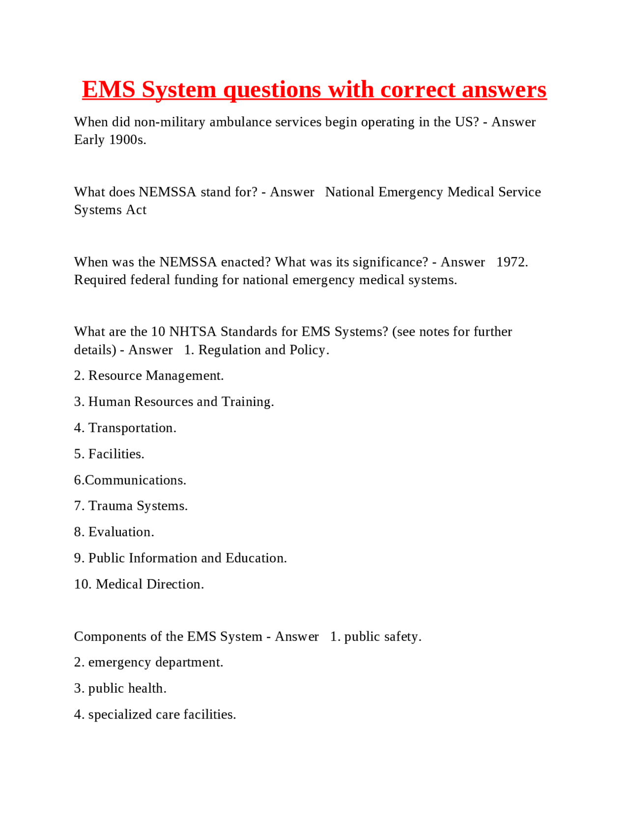EMS System Questions and Answers: A Comprehensive Guide for Students | Exams Nursing | Docsity