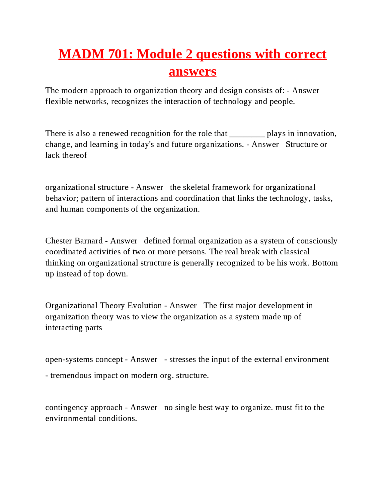 MADM 701: Module 2 Questions and Answers on Organizational Theory and ...