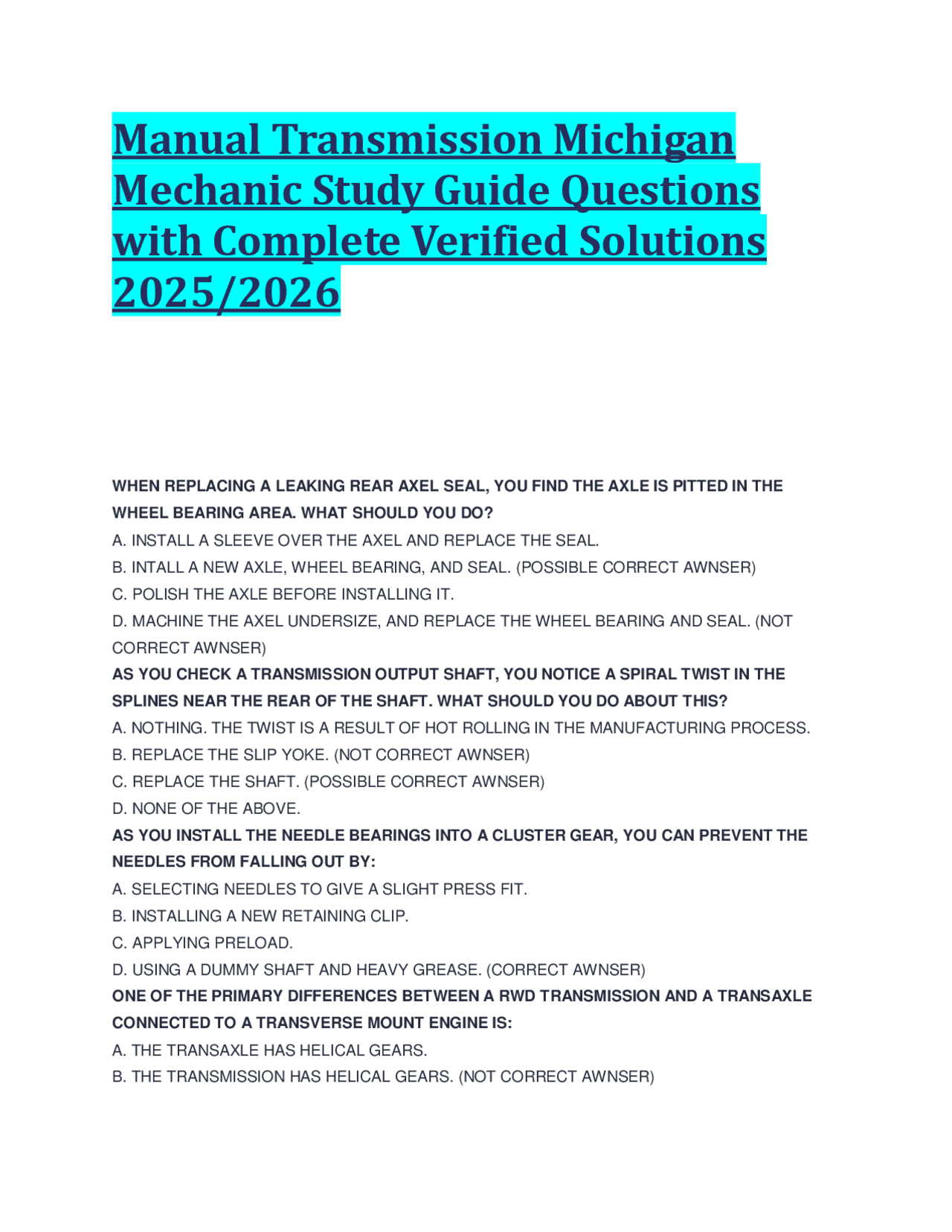 Michigan Mechanic Study Guide: Manual Transmission Questions ...