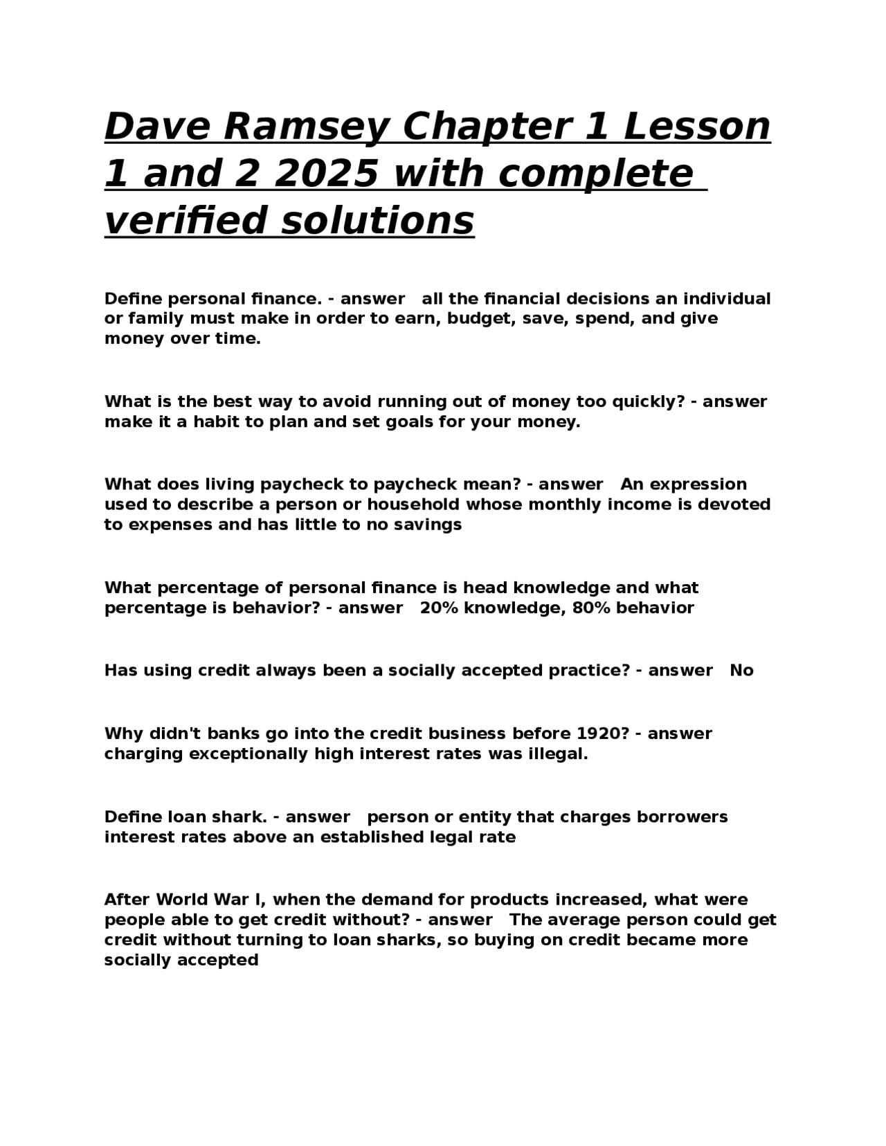 Dave Ramsey Chapter 1 Lesson 1 and 2 2025 with complete verified solutions.docx | Exams Biology ...