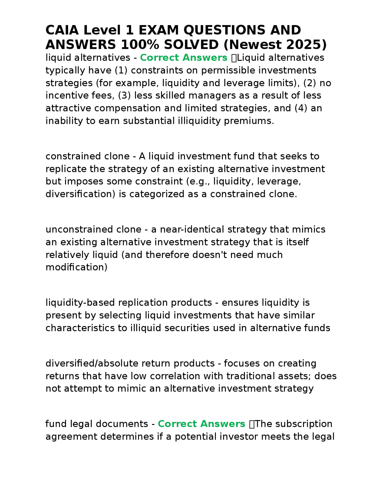 CAIA Level 1 EXAM QUESTIONS AND ANSWERS 100% SOLVED (Newest 2025) | Exams Nursing | Docsity