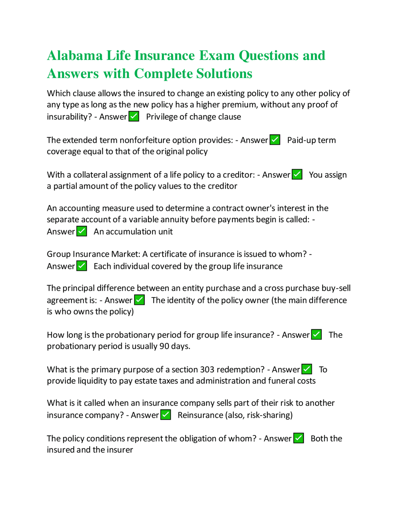 Alabama Life Insurance Exam Questions and Answers | Exams Insurance law ...