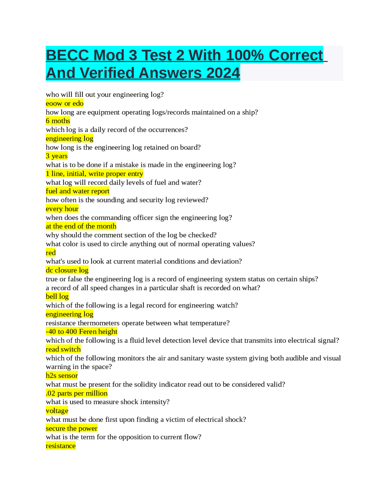 BECC Mod 3 Test 2 With 100% Correct And Verified Answers 2024 | Exams ...