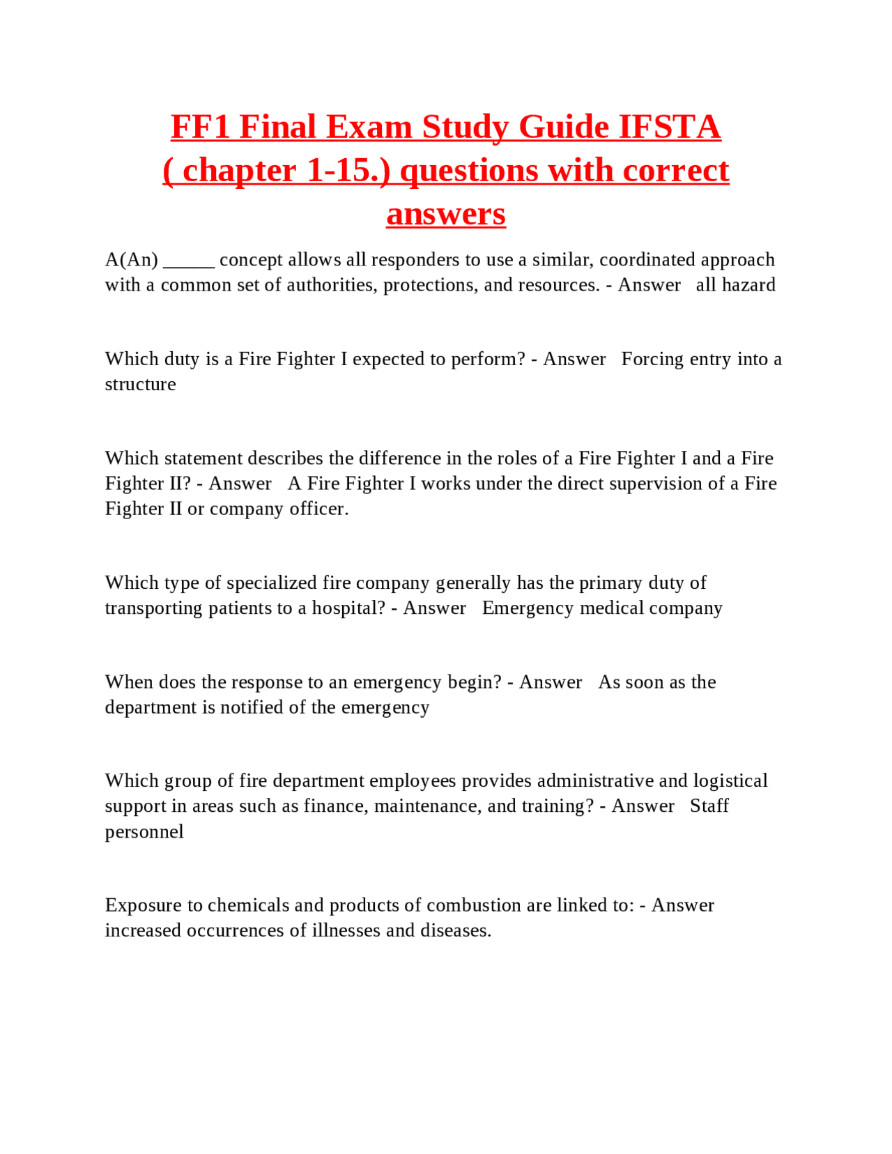 FF1 Final Exam Study Guide: IFSTA Chapters 1-15 | Exams Nursing | Docsity