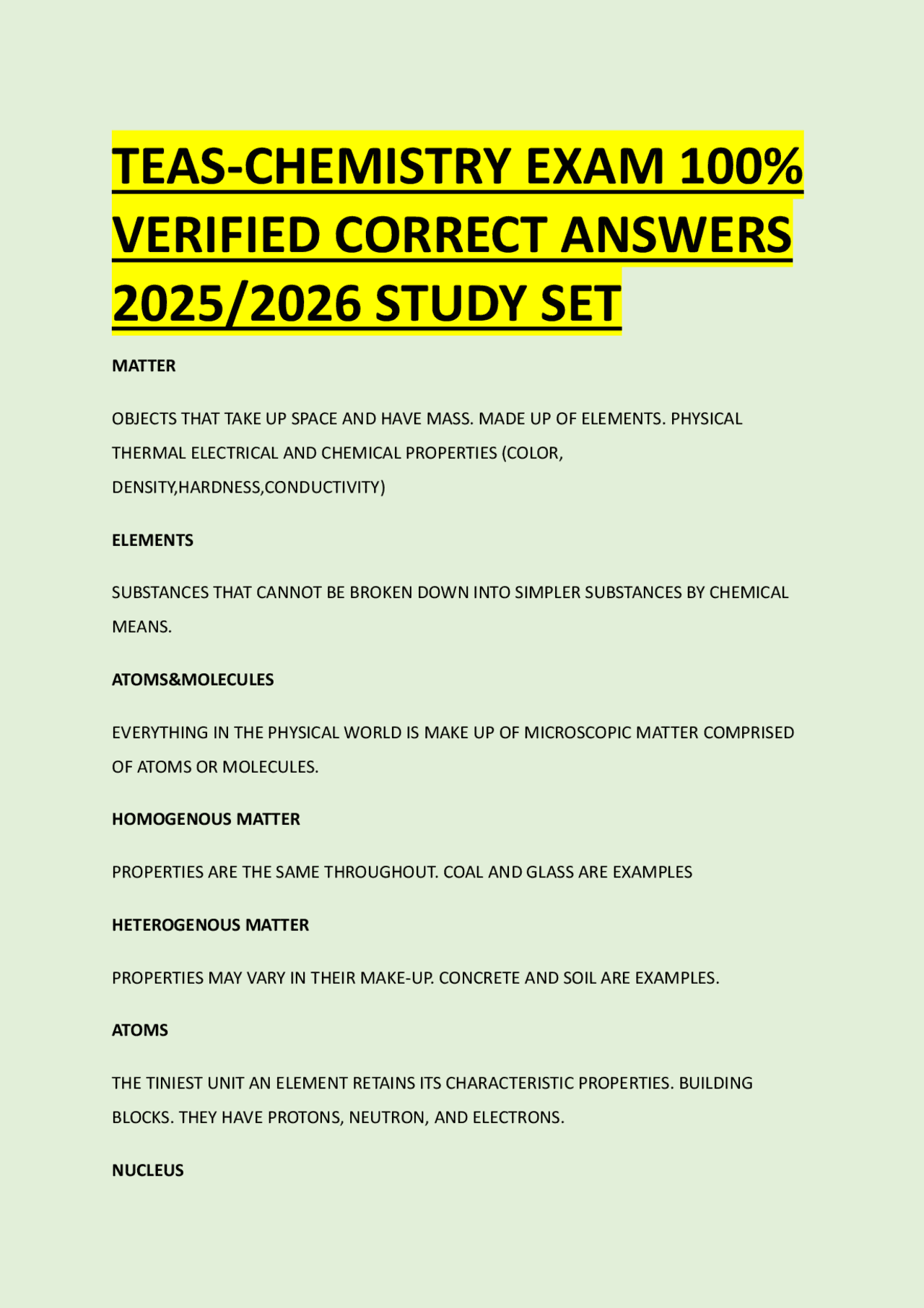 TEAS-CHEMISTRY EXAM 100% VERIFIED CORRECT ANSWERS 2025/2026 STUDY SET ...