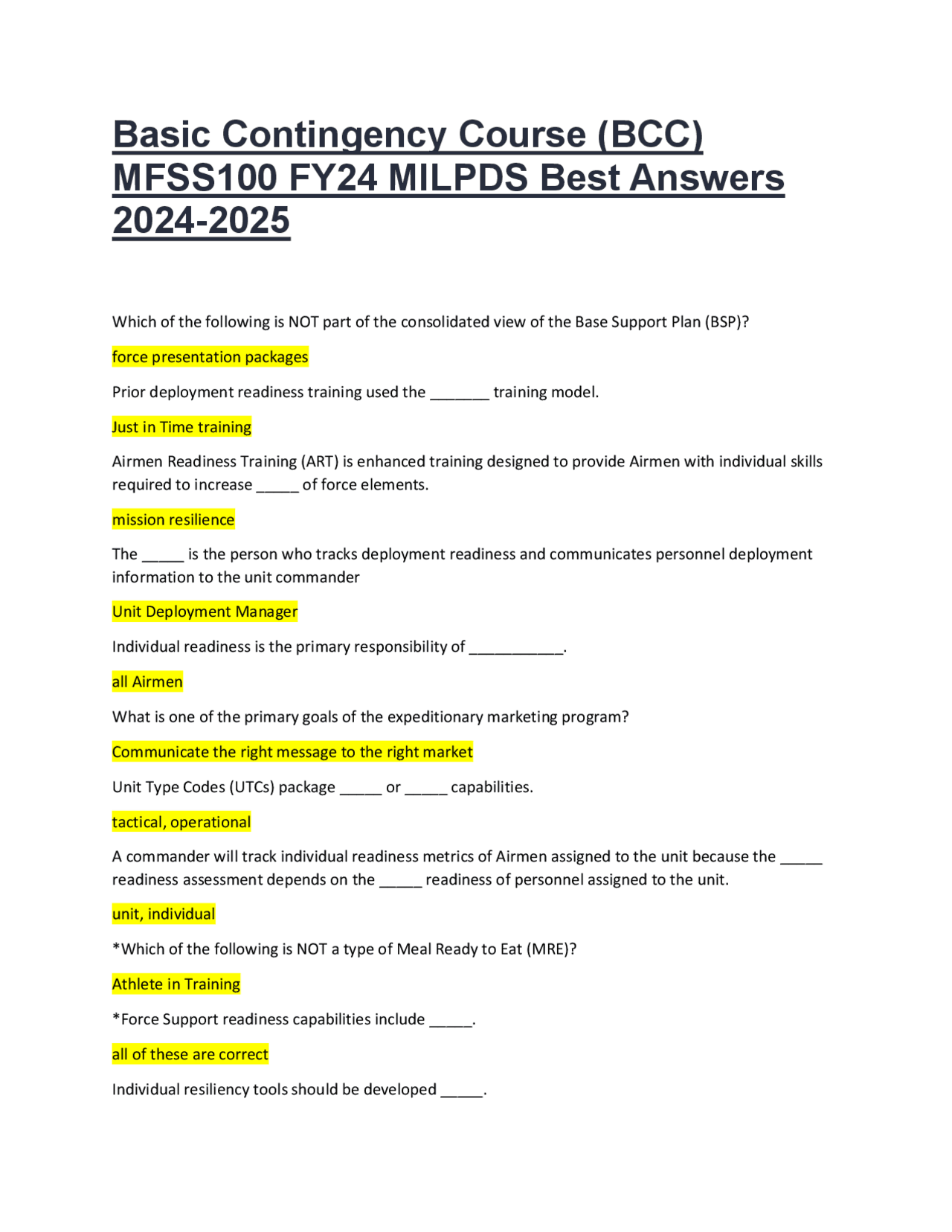 Basic Contingency Course (BCC) MFSS100 FY24 MILPDS Best Answers 2024 ...