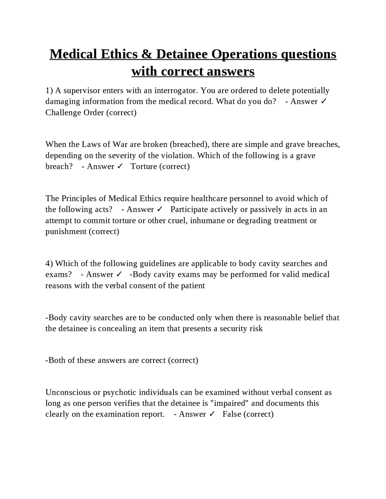 Medical Ethics and Detainee Operations: Multiple Choice Questions and ...
