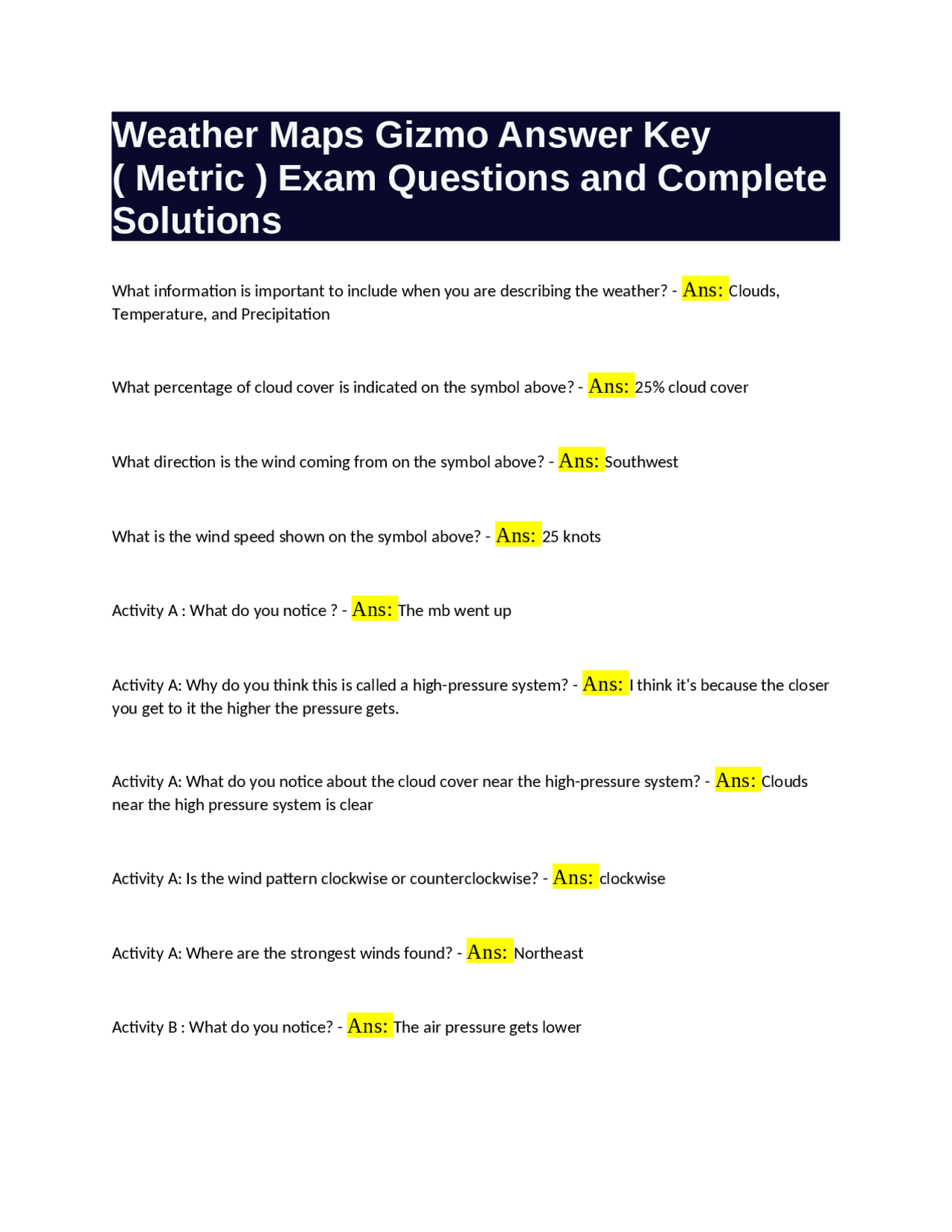 Weather Maps Gizmo Answer Key ( Metric ) Exam Questions and Complete ...