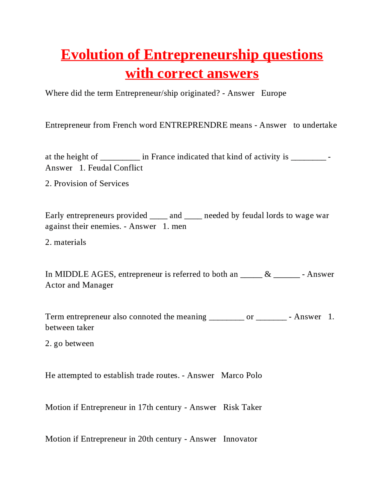 Evolution of Entrepreneurship questions with correct answers | Exams ...
