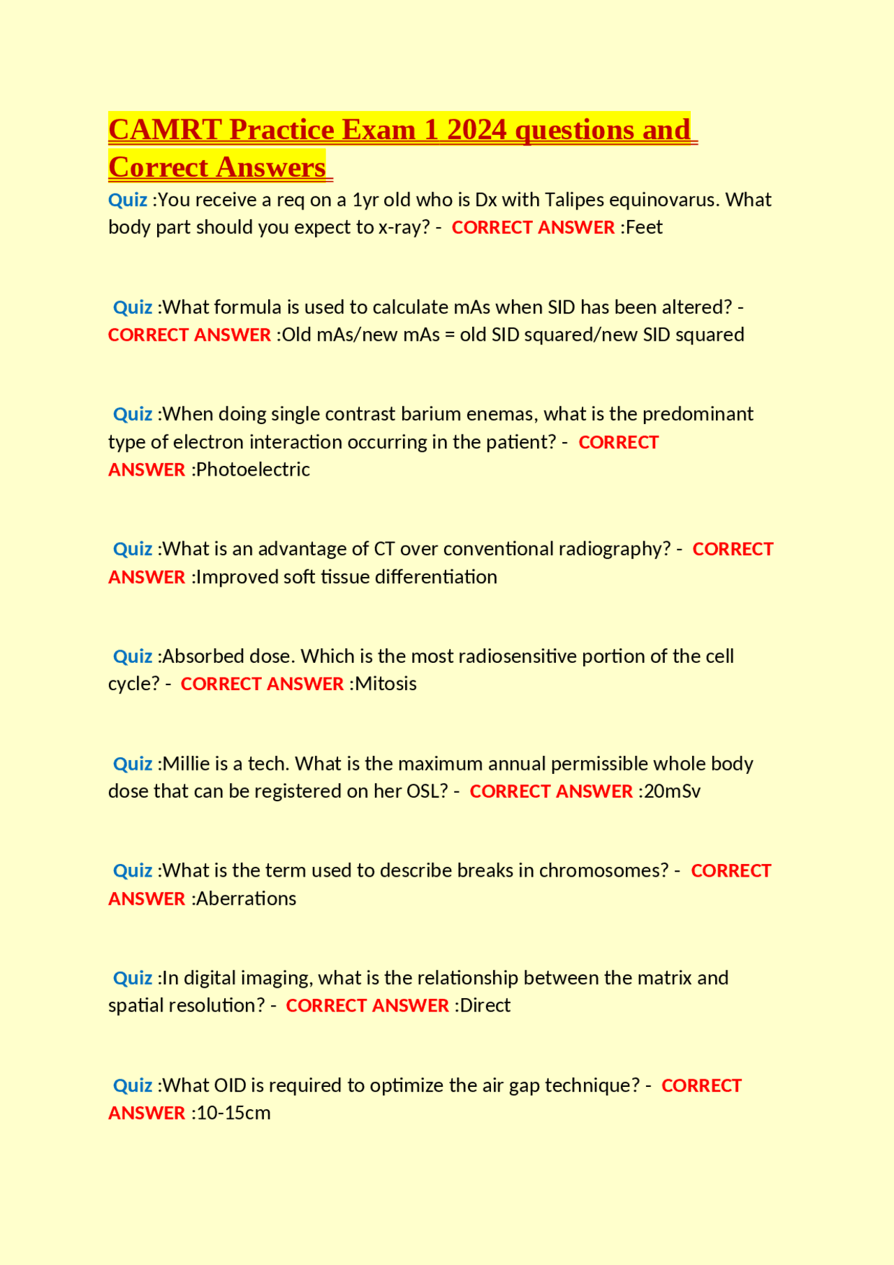 CAMRT Practice Exam 1 2024 questions and Correct Answers | Exams Public ...