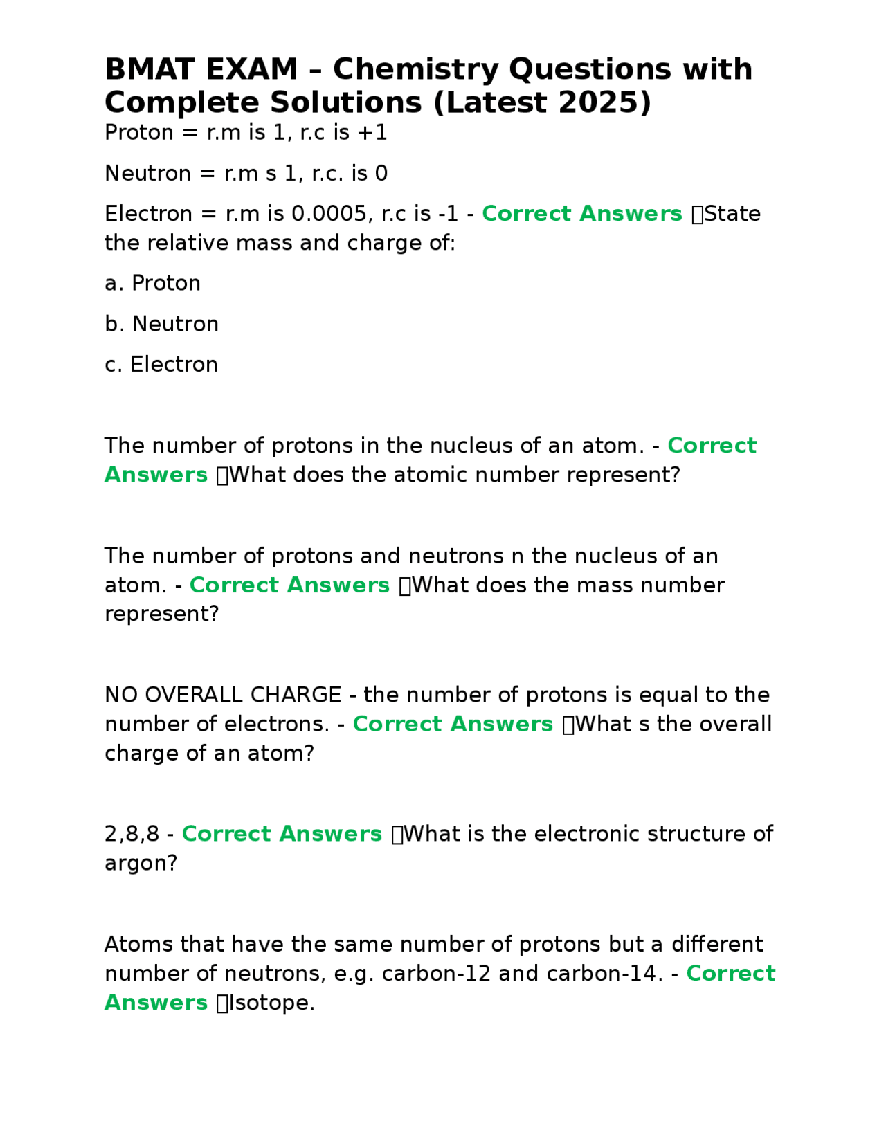 BMAT Exam Chemistry Questions with Complete Solutions (Latest 2025 ...