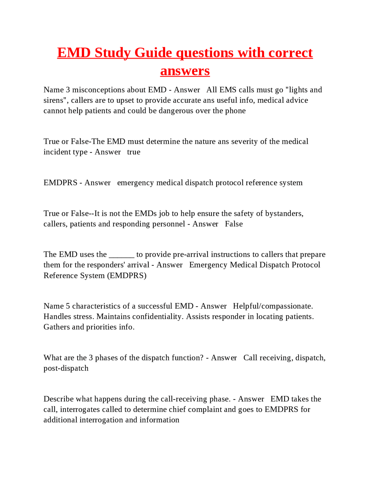 EMD Study Guide: Questions and Answers for Emergency Medical Dispatchers | Exams Nursing | Docsity