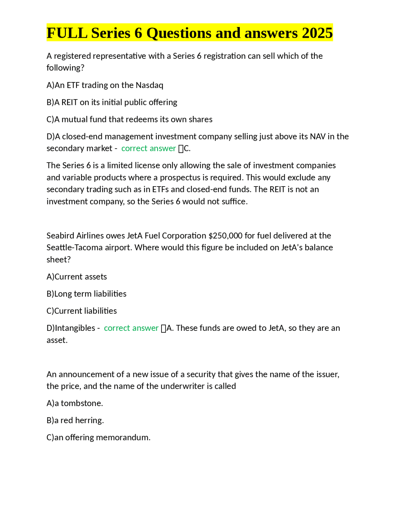 Series 6 Exam Questions and Answers: Investment Companies and Variable ...