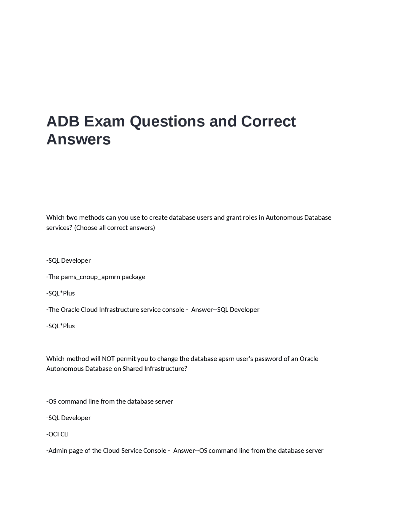 Oracle Autonomous Database Exam Questions and Answers | Exams Nursing | Docsity