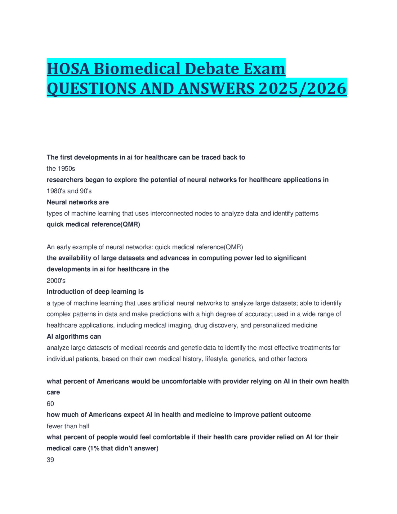 HOSA Biomedical Debate Exam QUESTIONS AND ANSWERS 2025/2026 | Exams Health sciences | Docsity