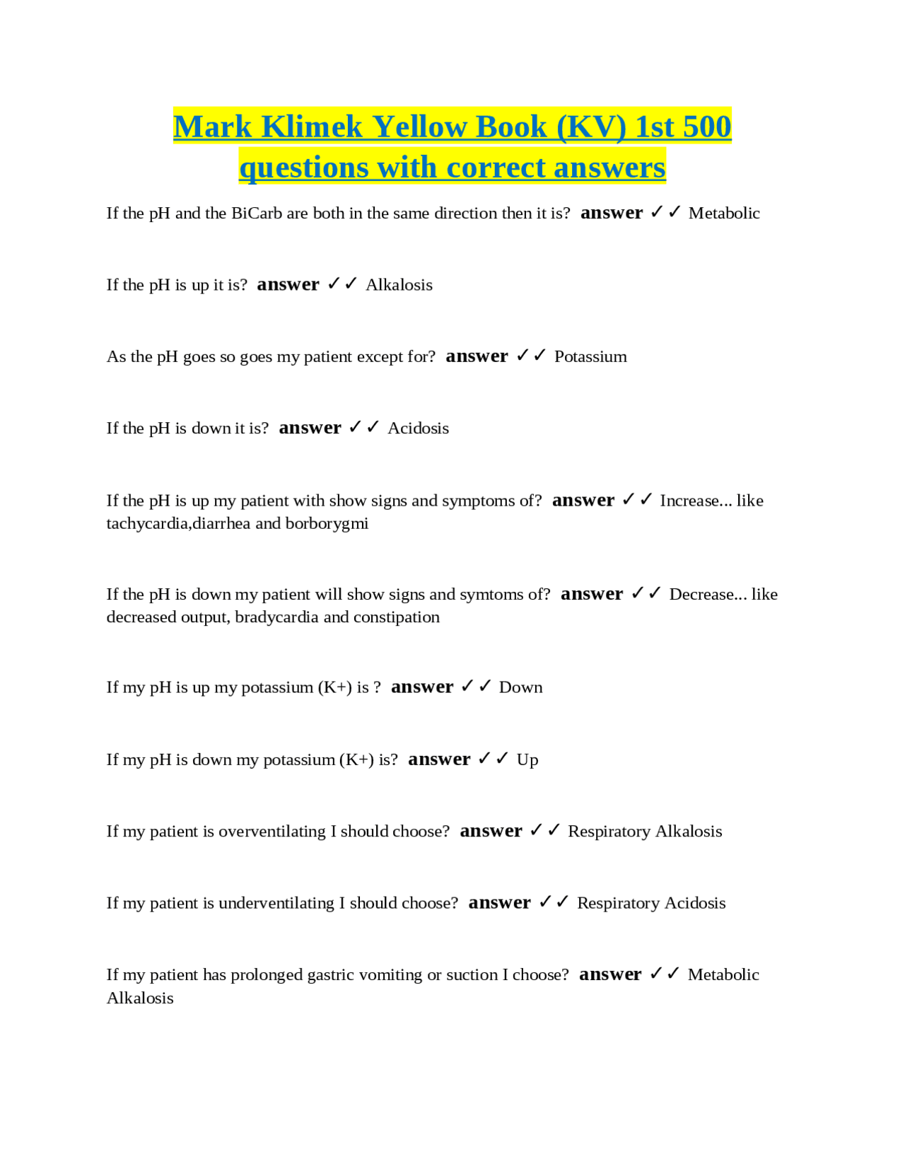 Mark Klimek Yellow Book (KV) 1st 500 Questions: Acid-Base, Ventilation ...