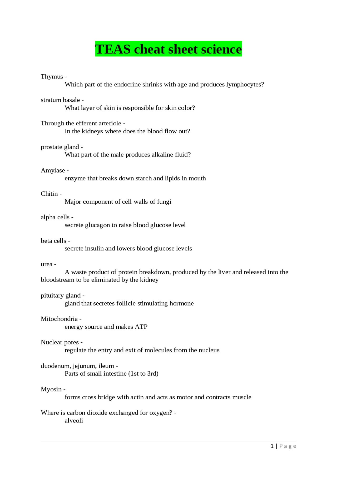 TEAS cheat sheet science | Exams Science education | Docsity