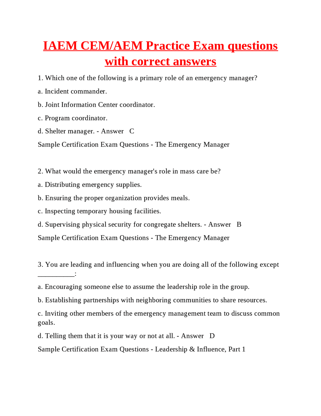 IAEM CEM/AEM Practice Exam Questions with Correct Answers | Exams ...