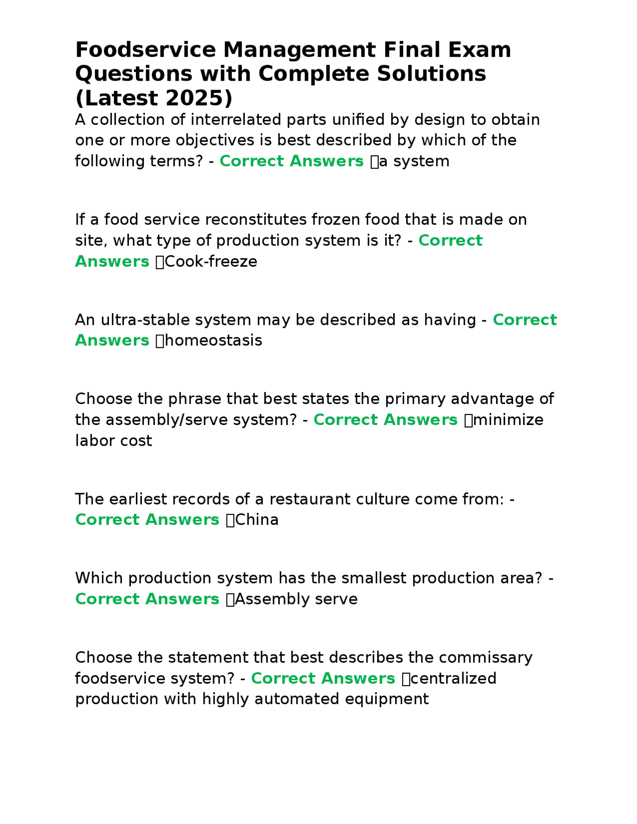 Foodservice Management Final Exam Questions with Complete Solutions ...