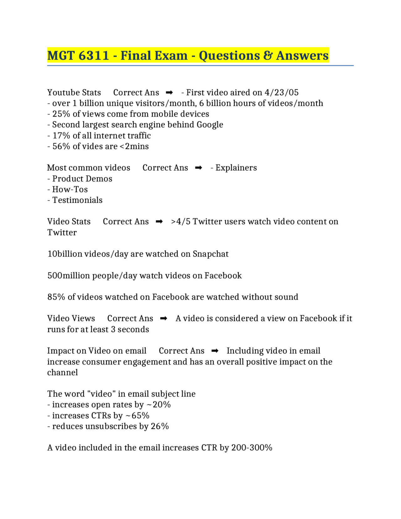 MGT 6311 - Final Exam - Questions & Answers: Online Video Marketing ...