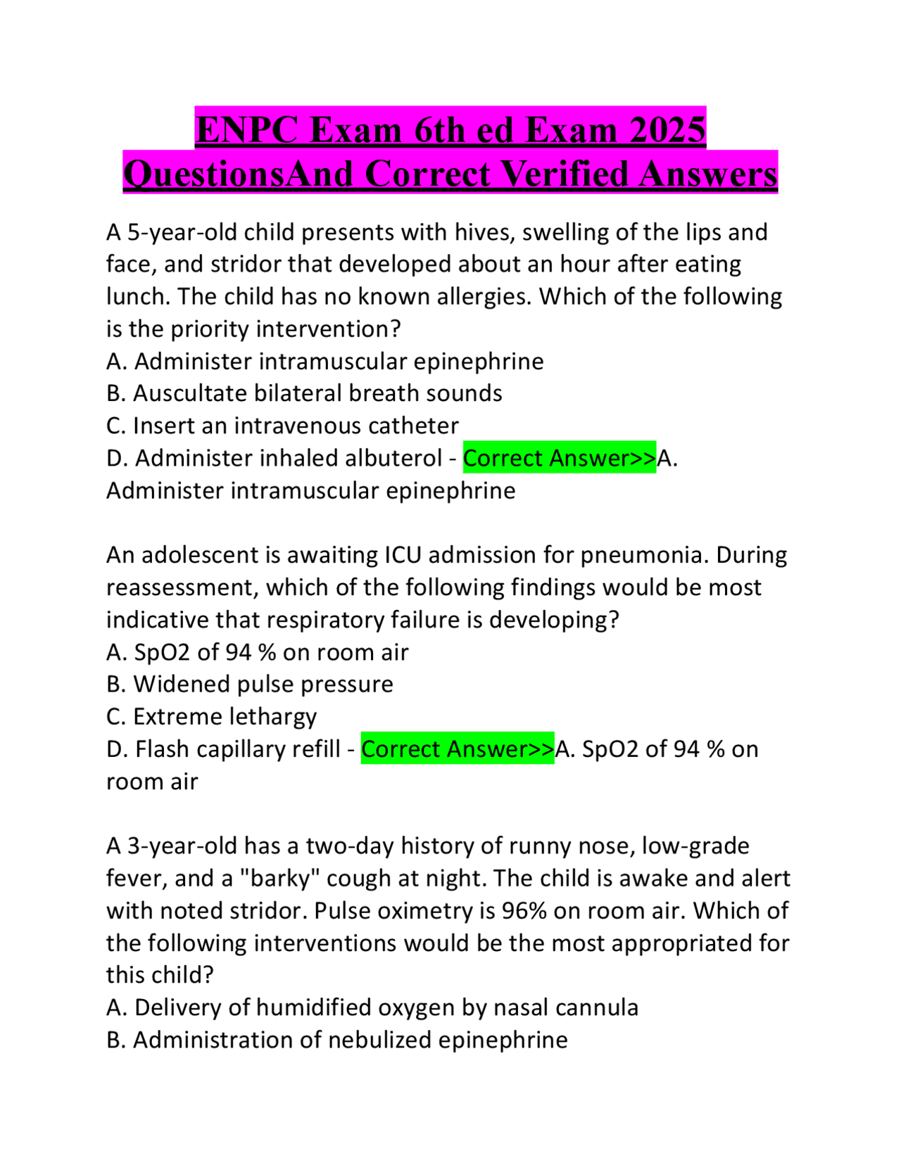 ENPC Exam 6th Edition: Practice Questions and Answers | Exams Nursing ...