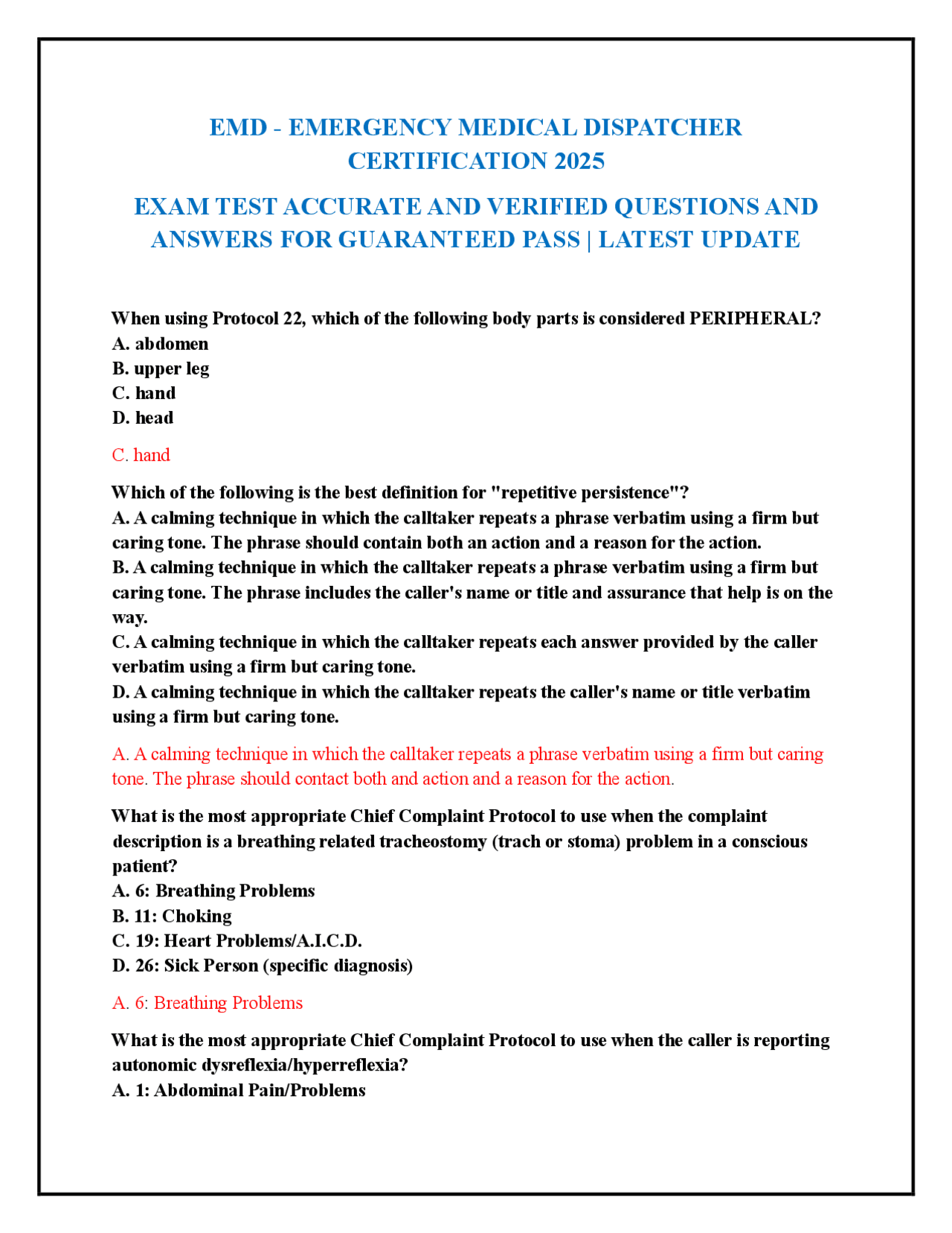 EMD - EMERGENCY MEDICAL DISPATCHER CERTIFICATION 2025 EXAM TEST ...