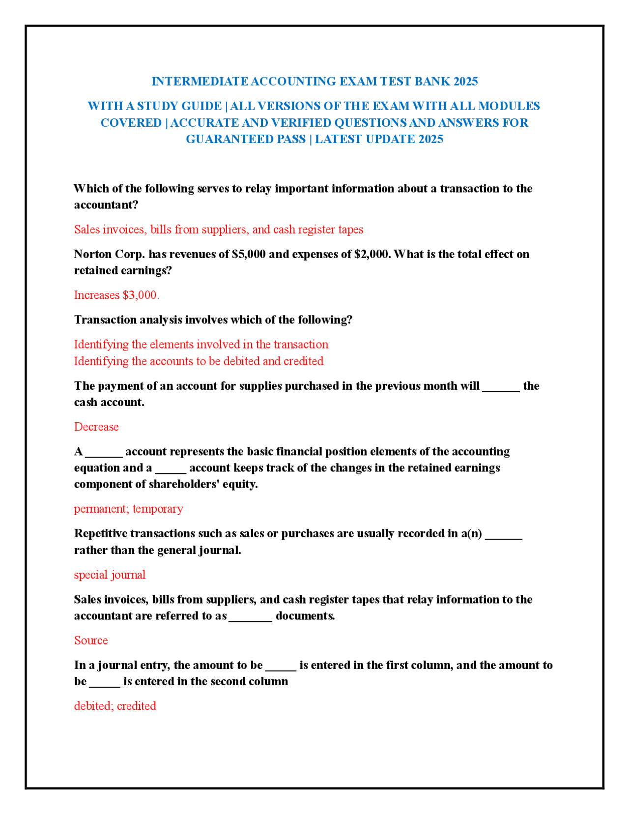 INTERMEDIATE ACCOUNTING EXAM TEST BANK 2025 WITH A STUDY GUIDE | ALL ...
