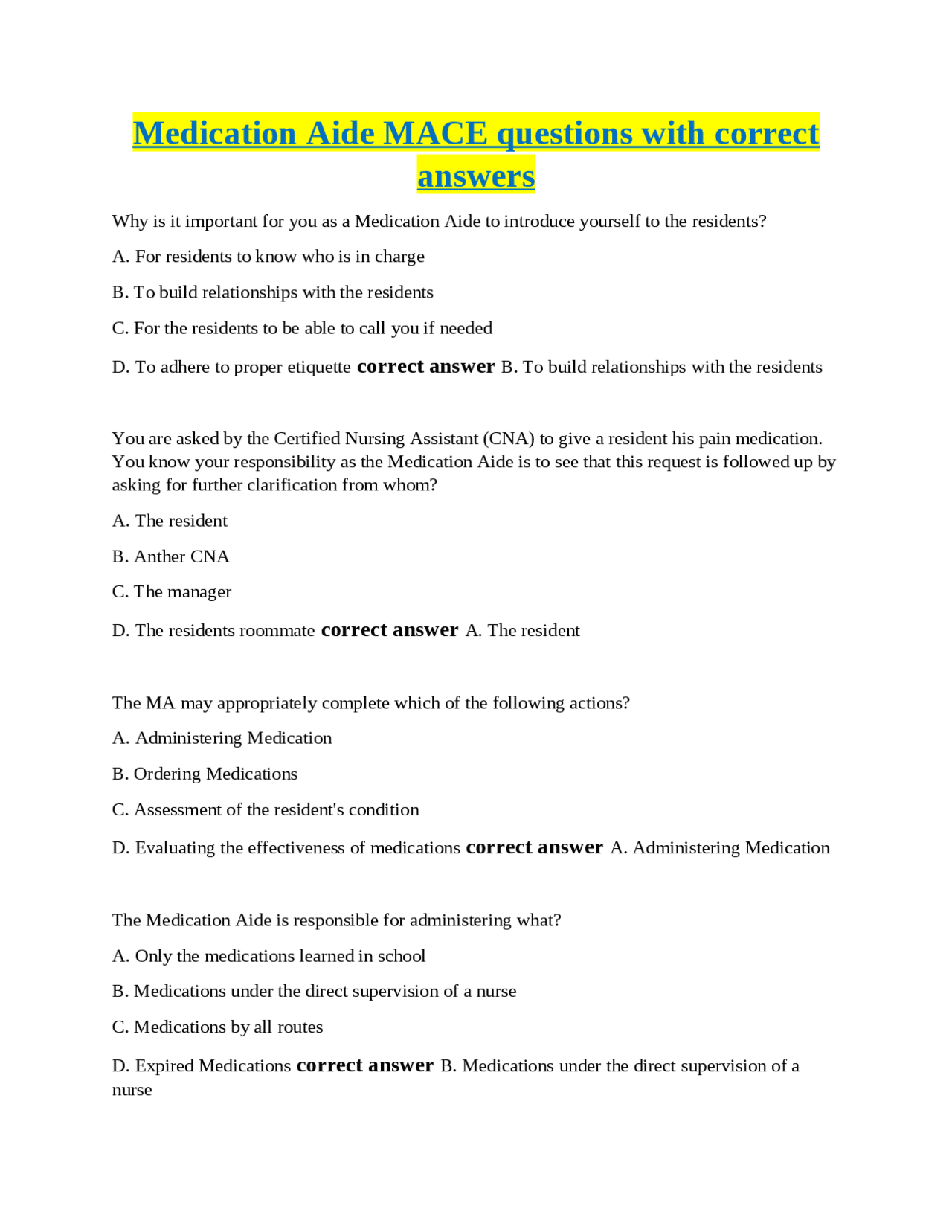 Medication Aide MACE questions with correct answers | Exams Nursing ...