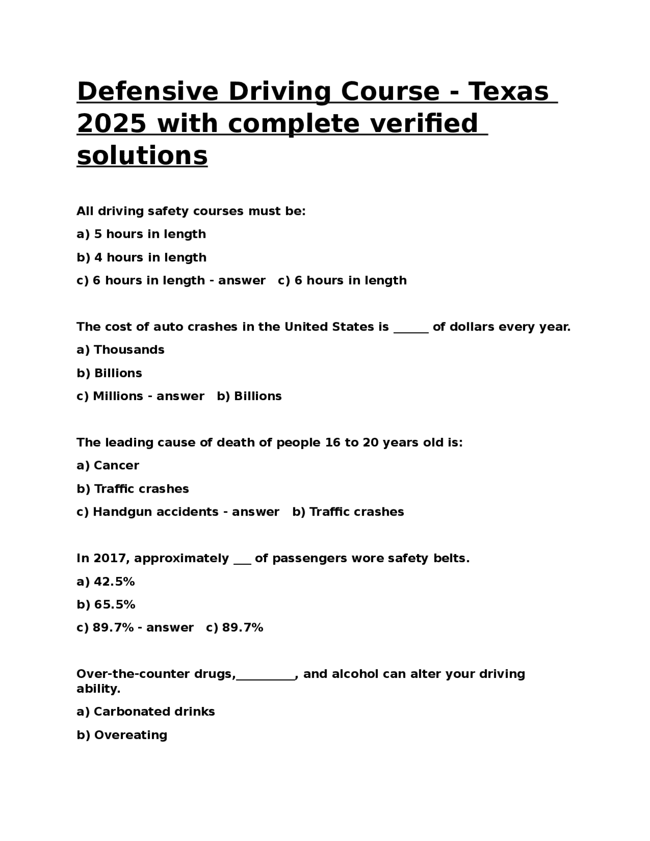 Defensive Driving Course - Texas 2025 with complete verified solutions ...