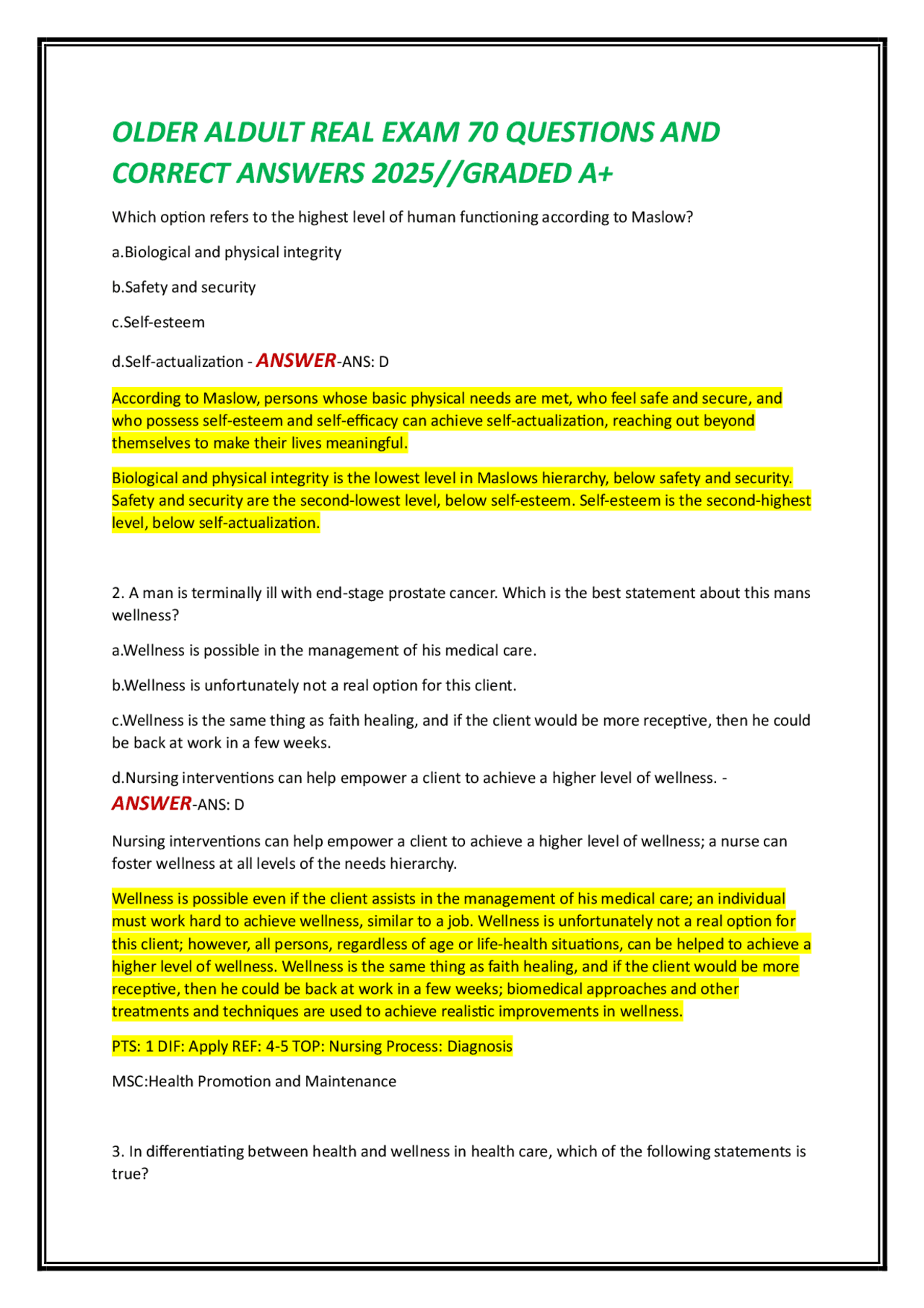 Older Adult Health and Wellness: Multiple Choice Questions and Answers ...