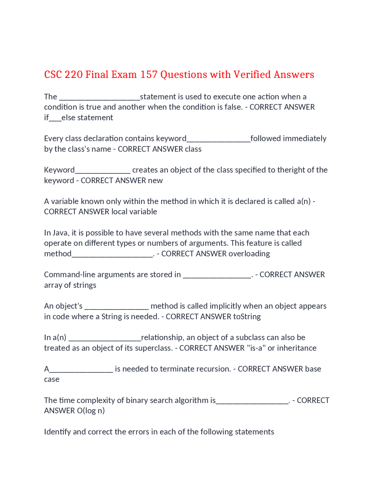 CSC 220 Final Exam: 157 Questions with Verified Answers | Exams Information and Communications ...
