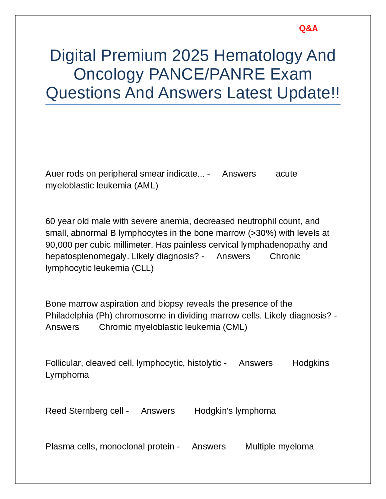 Digital Premium 2025 Hematology And Oncology PANCE PANRE Exam Questions ...