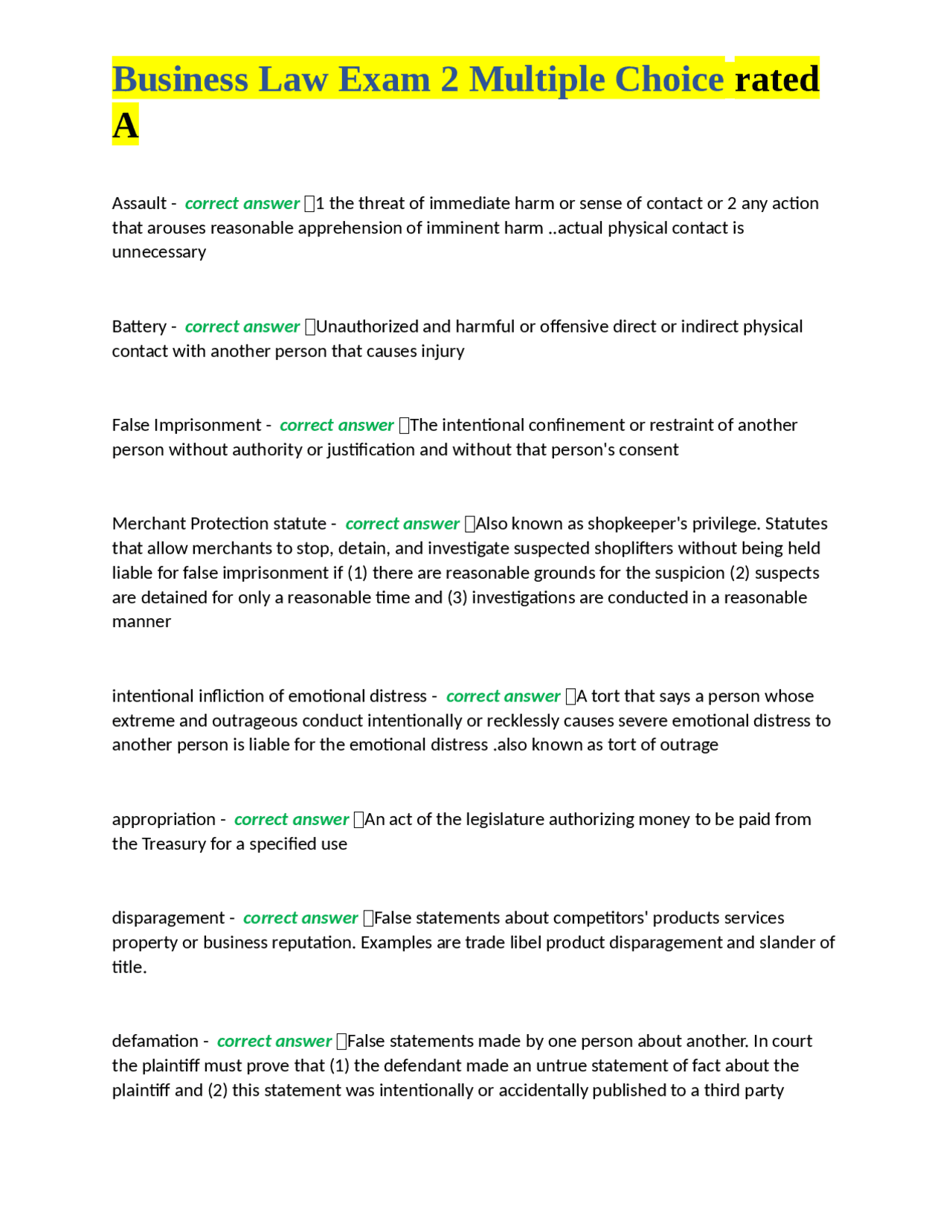 Business Law Exam 2: Multiple Choice Questions and Answers | Exams ...