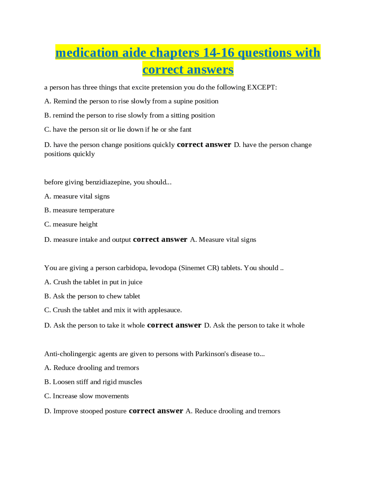 Medication Aide Chapters 14-16: Multiple Choice Questions and Answers ...