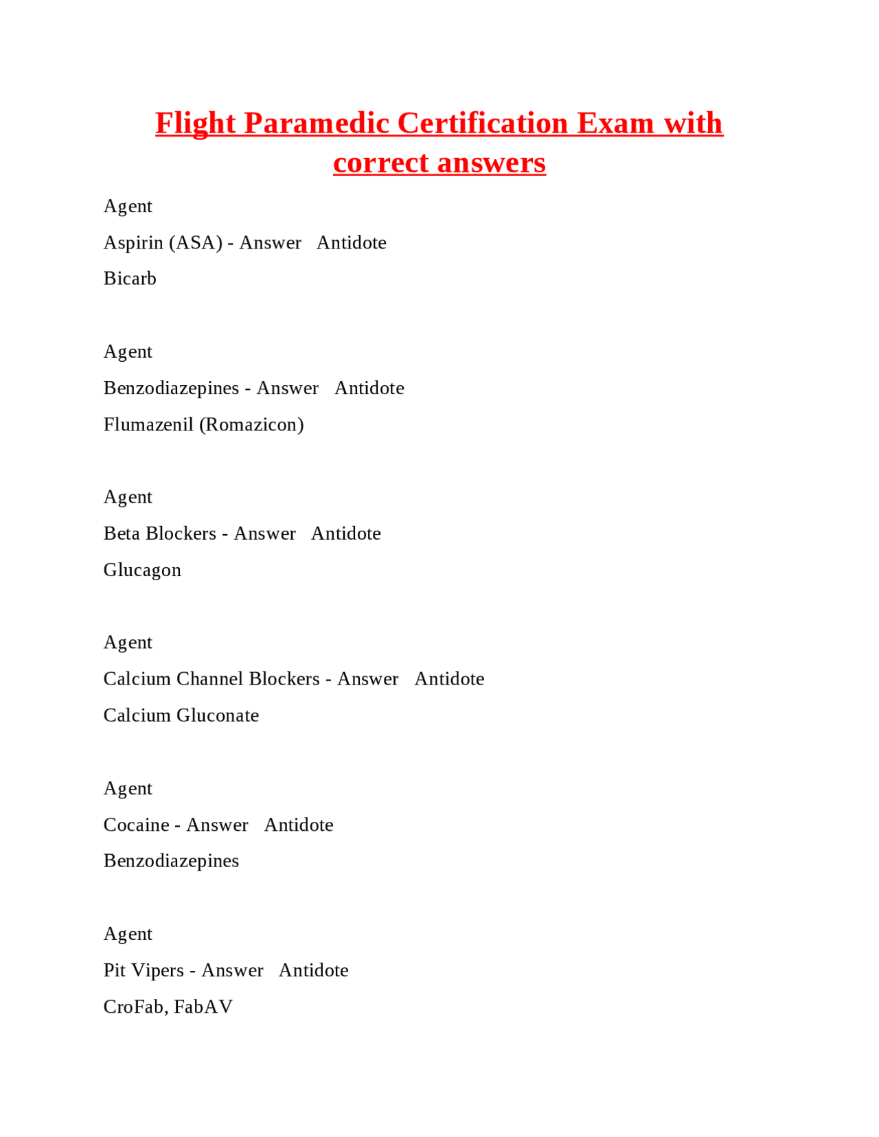 Flight Paramedic Certification Exam with Correct Answers | Exams ...