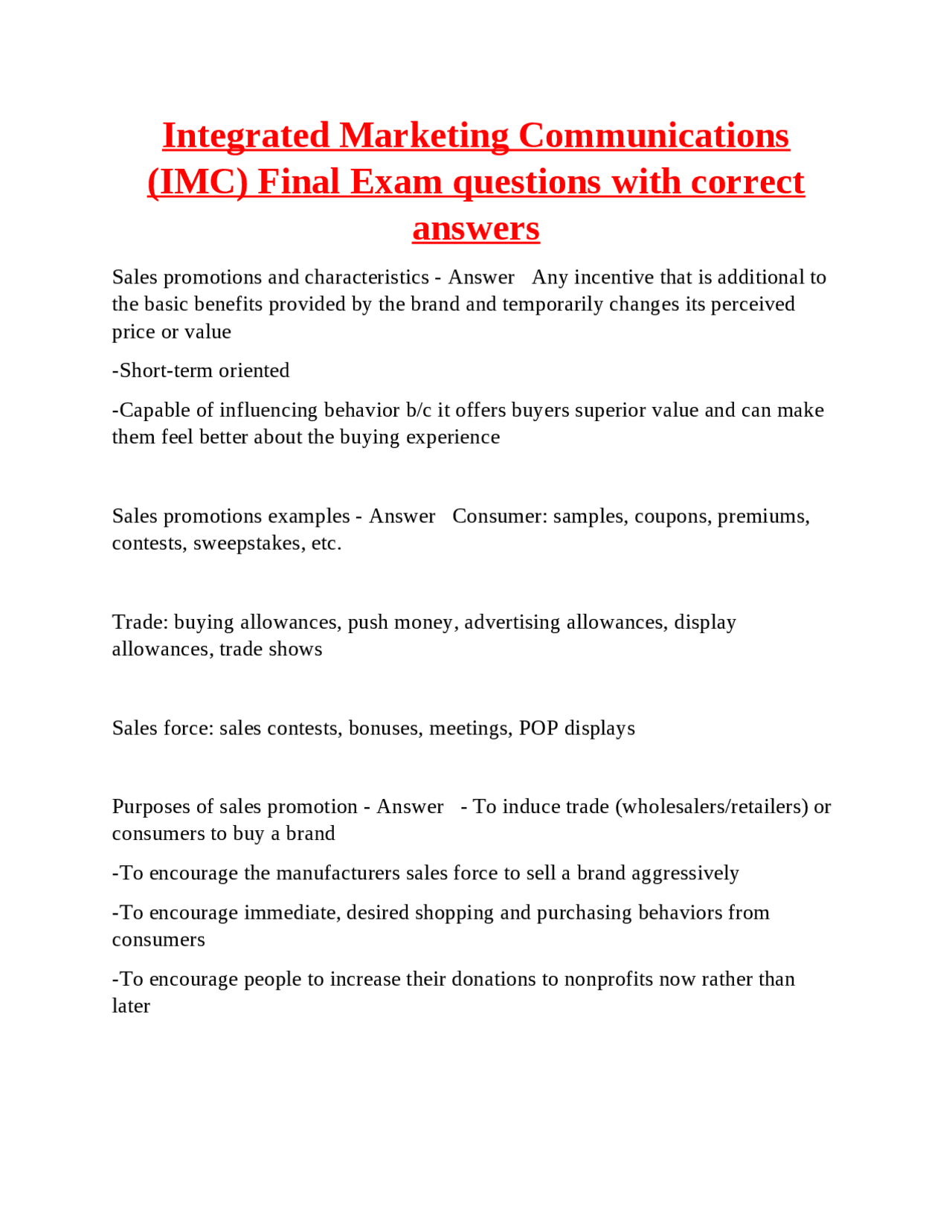 Integrated Marketing Communications (IMC) Final Exam Questions and ...