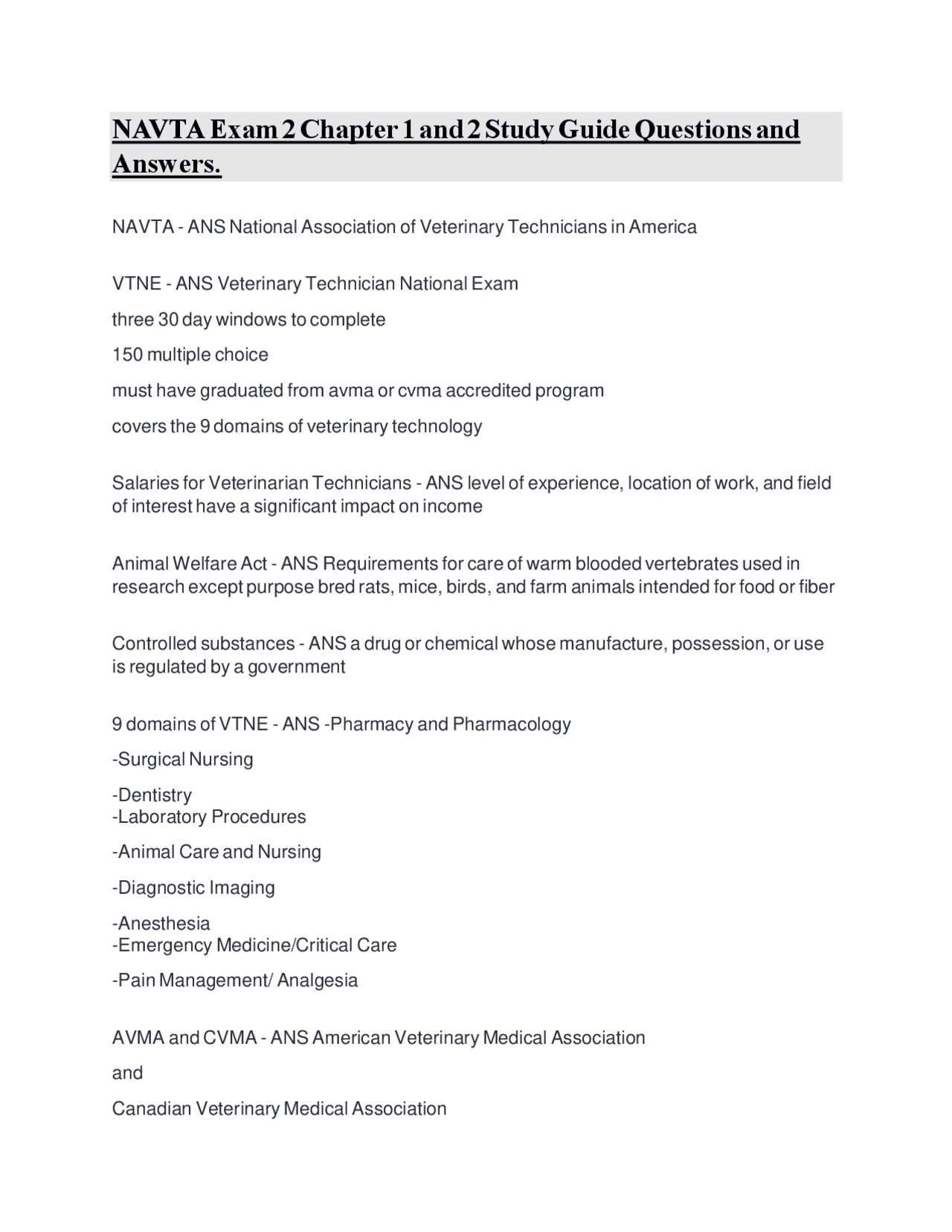 NAVTA Exam 2 Chapter 1 and 2 Study Guide: Questions and Answers for Veterinary Technicians ...