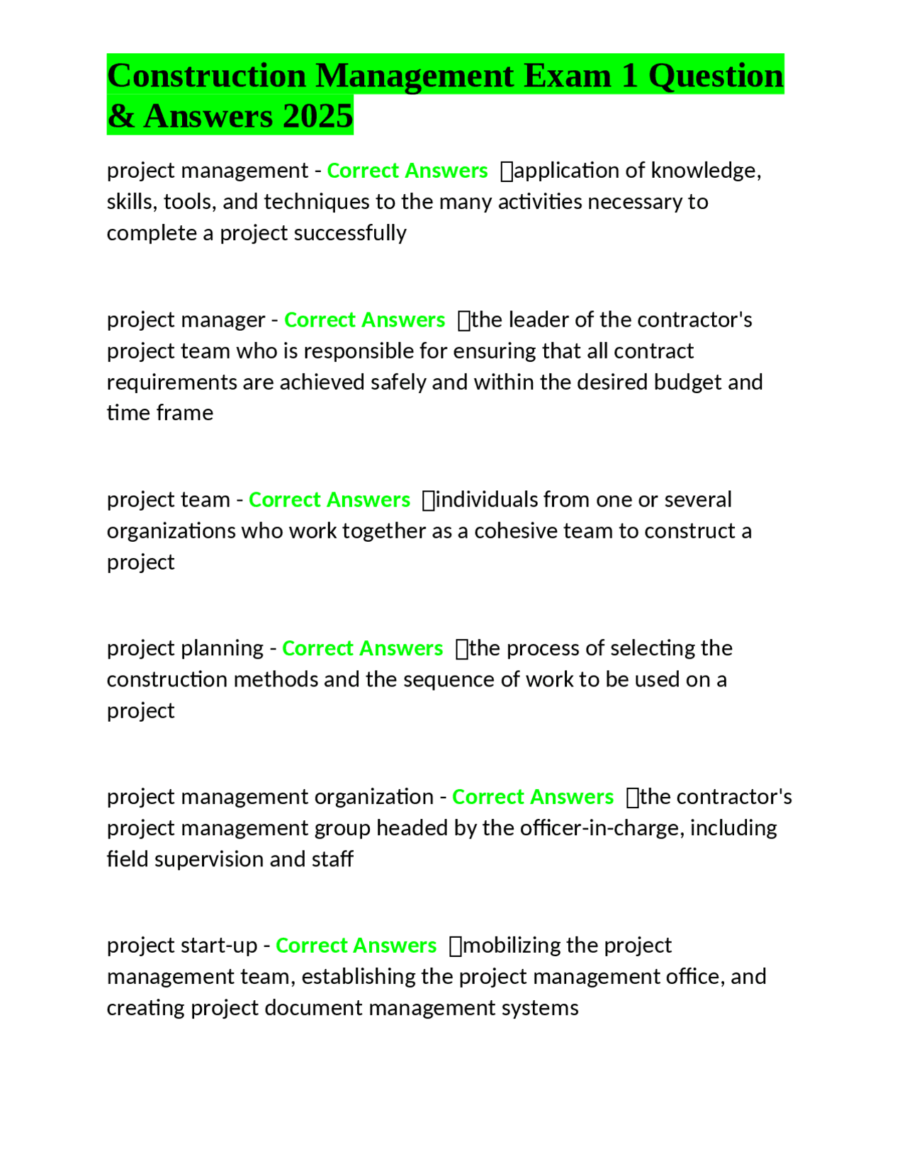 Construction Management Exam 1 Questions and Answers | Exams Nursing ...