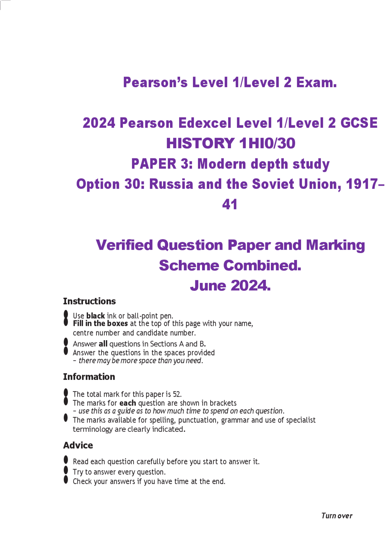 2024 Pearson Edexcel Level 1/Level 2 GCSE HISTORY 1HI0/30 PAPER 3 ...