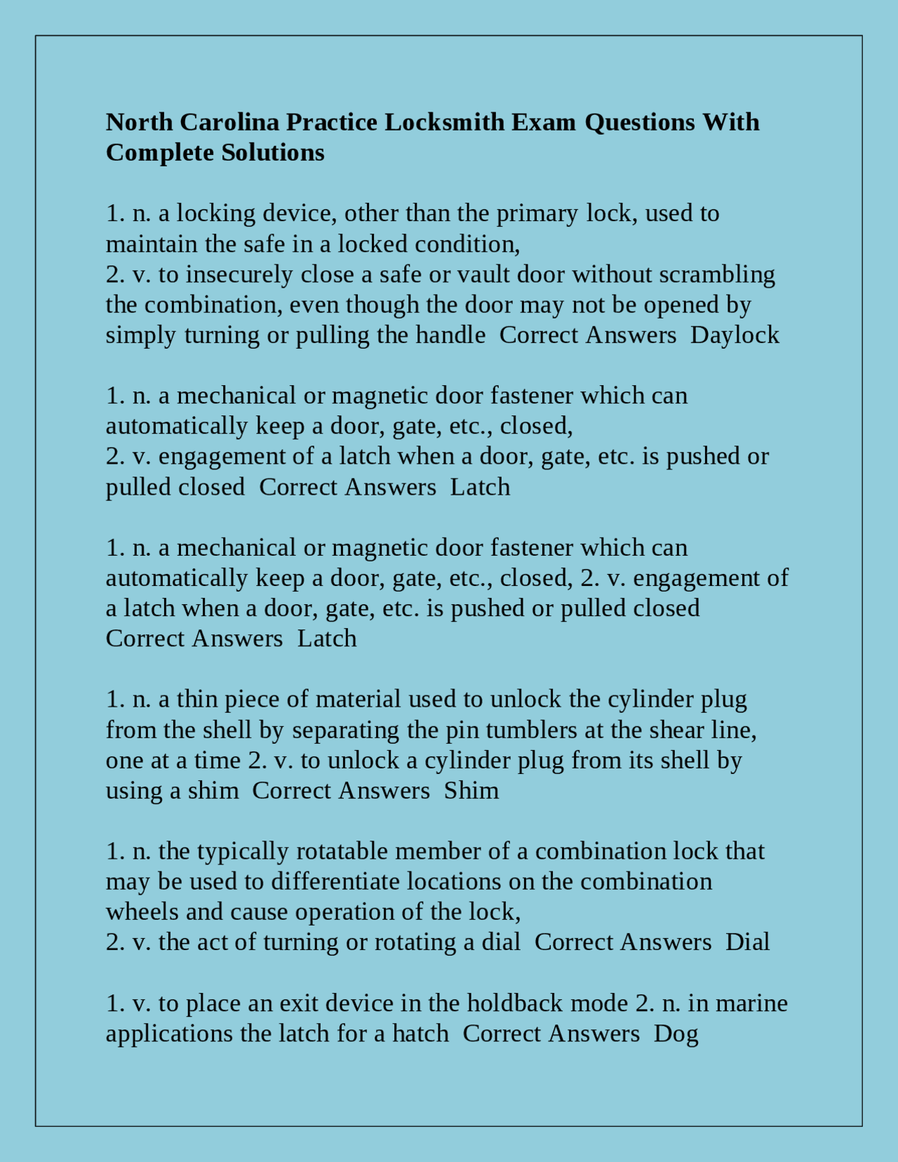 North Carolina Practice Locksmith Exam Questions With Complete ...